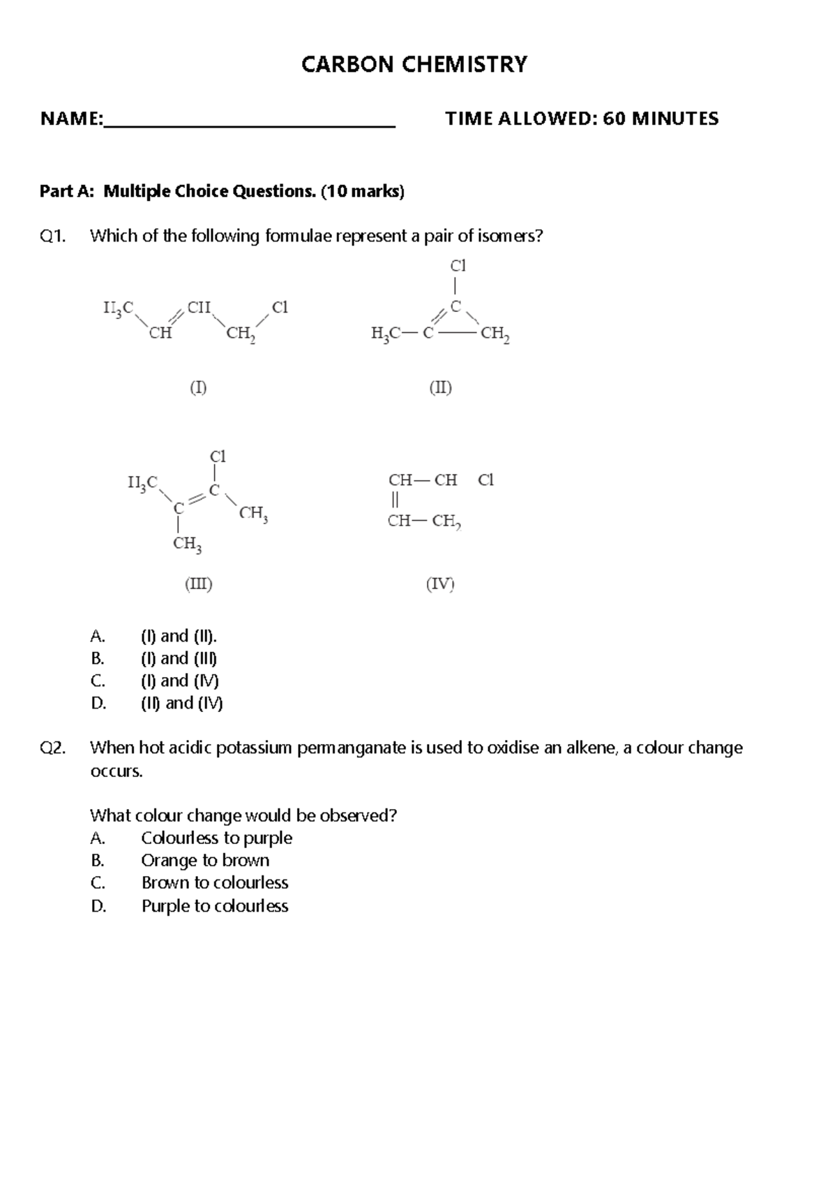 Carbon Chemistry Exam Questions - 60 Minutes - CARBON CHEMISTRY NAME ...