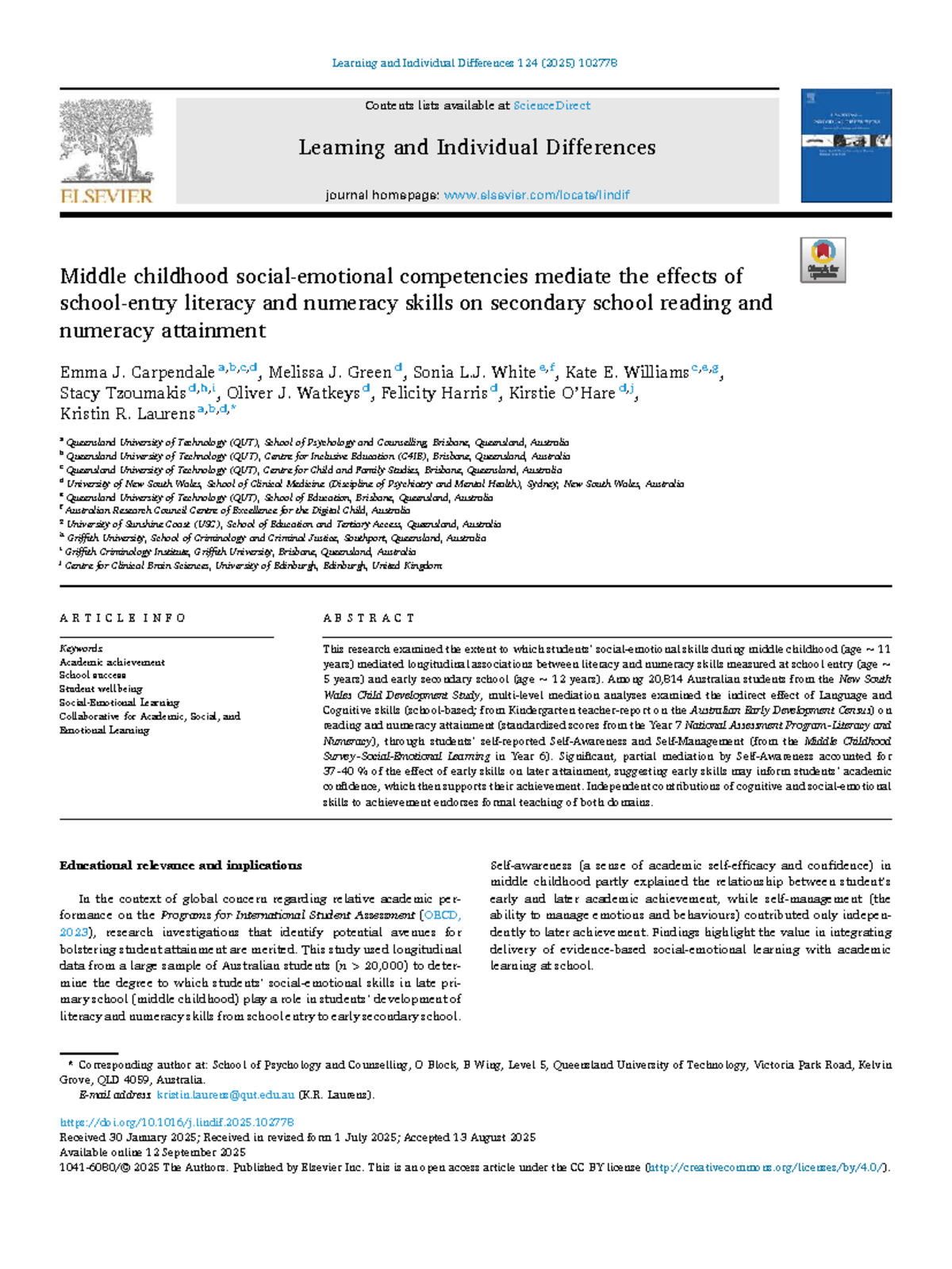 Middle Childhood Competencies and Academic Achievement: Insights from ...