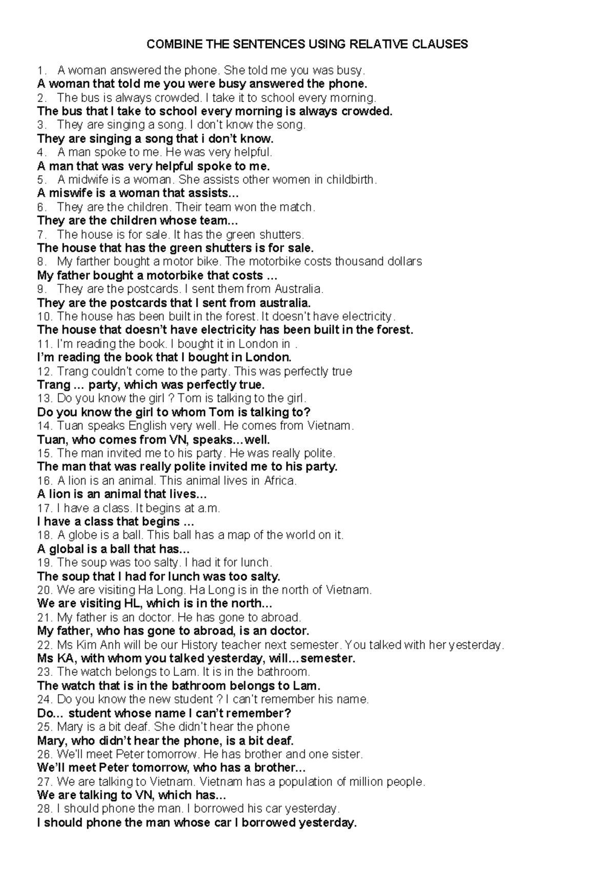 Combine the Sentences Using Relative Clauses: Exercises and Examples ...