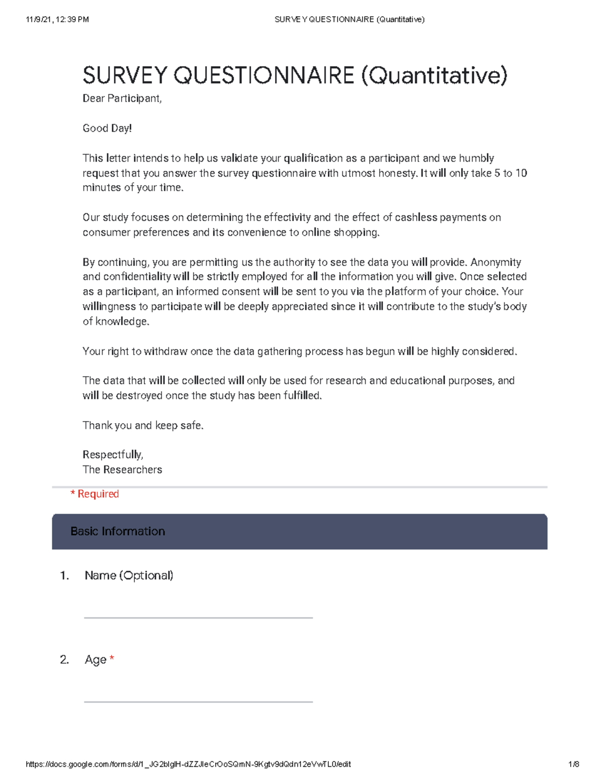 Survey Questionnaire Quantitative Google Forms - Basic Information 1. 2 ...