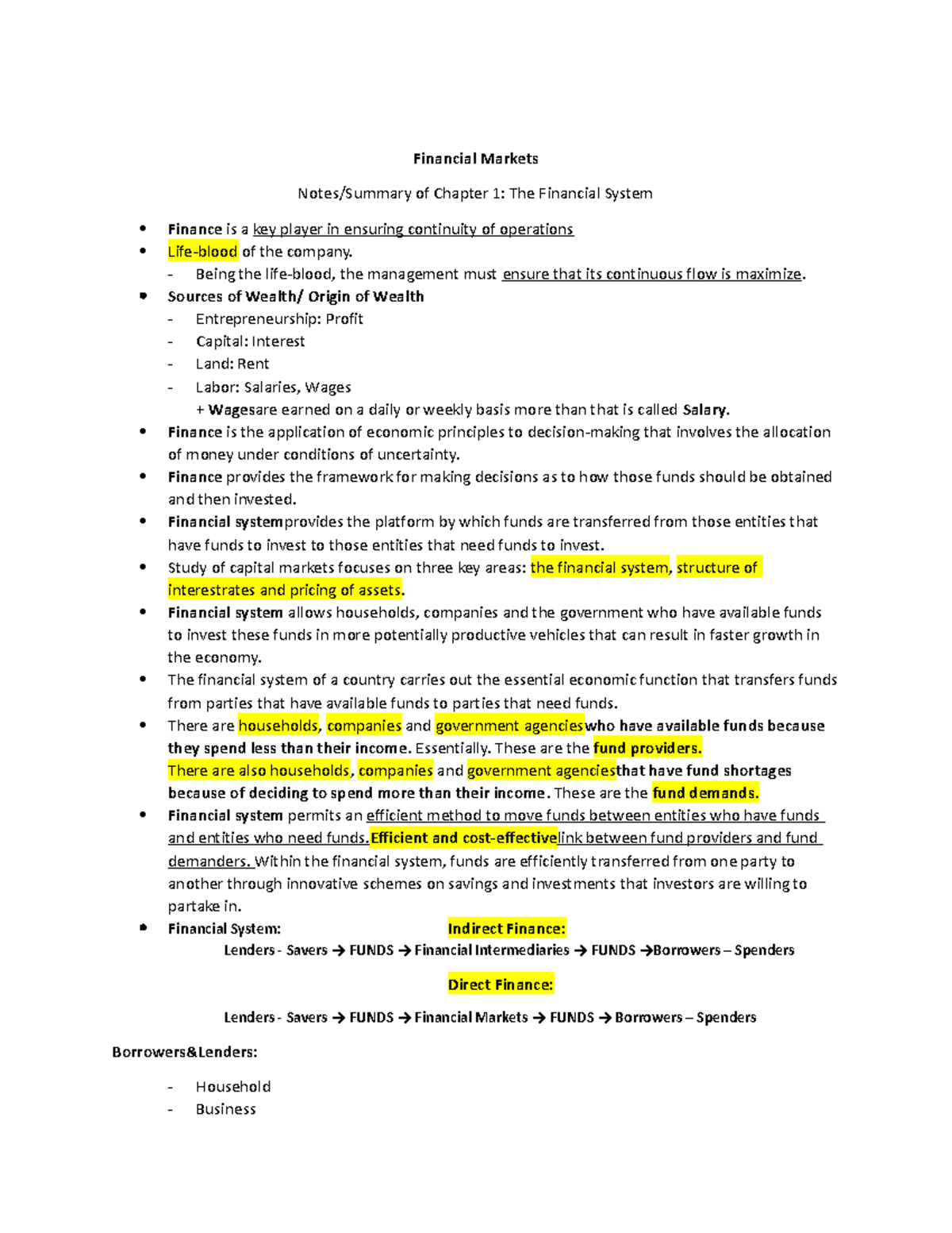 Financial Market Notes Summary - Financial Markets Notes/Summary of ...
