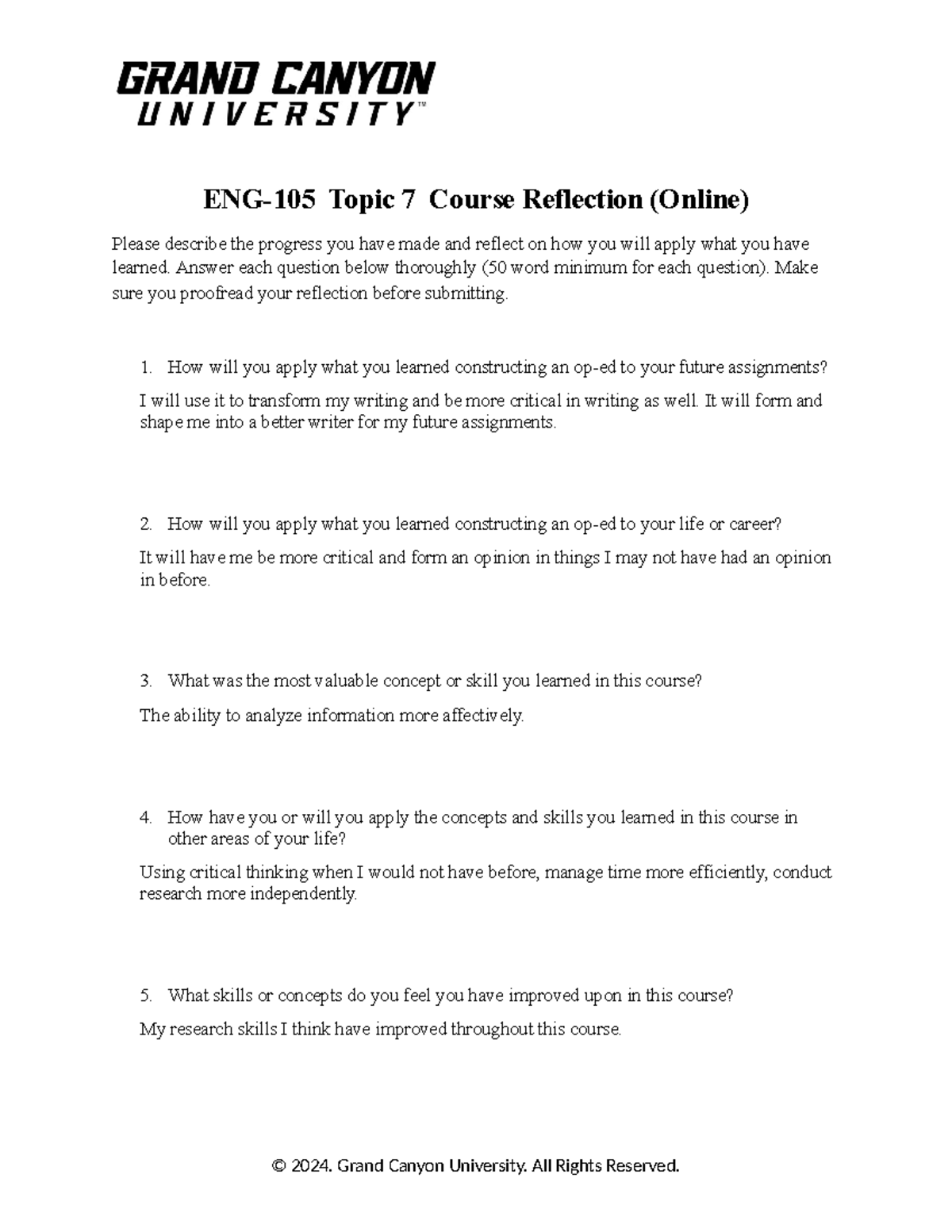 ENG-105 Week 7 Reflection on Course Progress and Skills - Studocu
