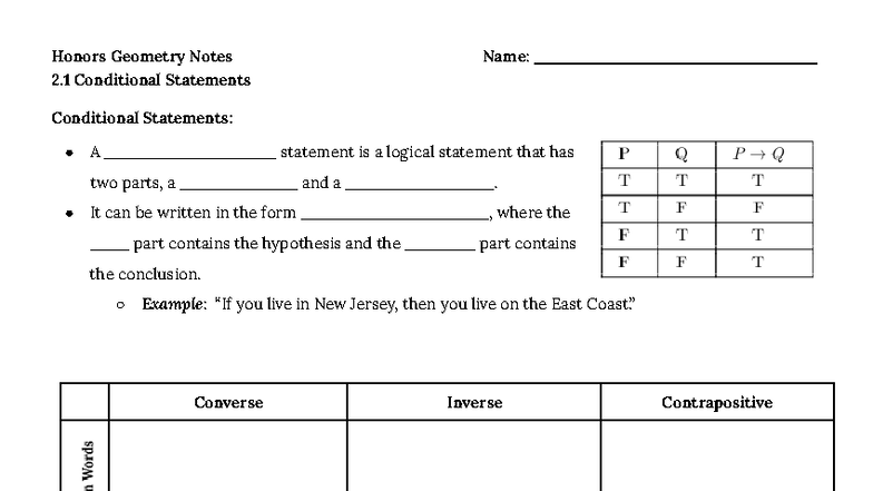 Honors Geometry: 2.1 Conditional Statements Overview and Practice - Studocu