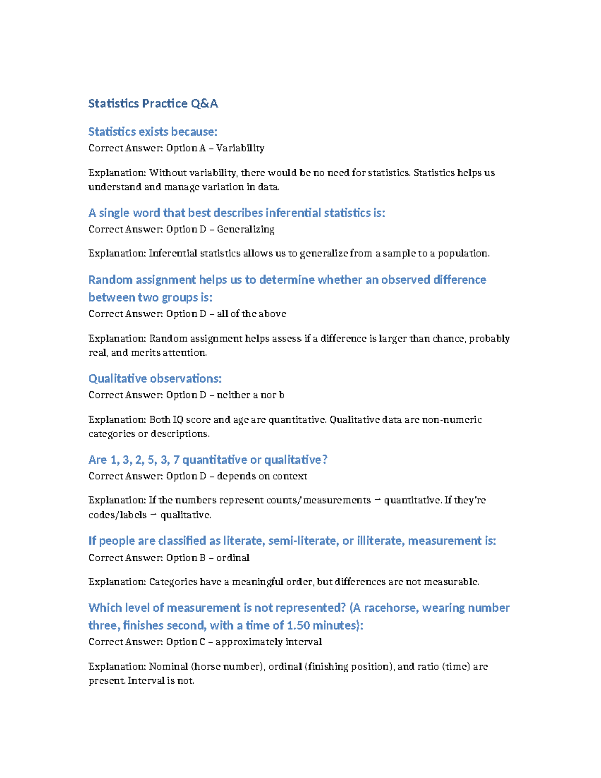 Statistics Practice QA: Understanding Variability and Measurement ...