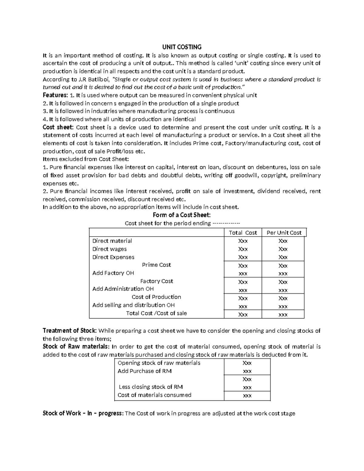 Unit Costing: Understanding Cost Sheets and Tender Pricing Methods - Studocu