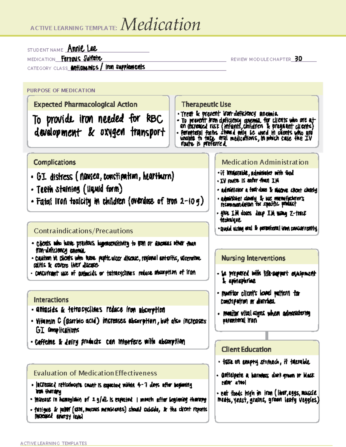 ATI ALT Ferrous Sulfate - ACTIVE LEARNING TEMPLATE: Medication STUDENT ...
