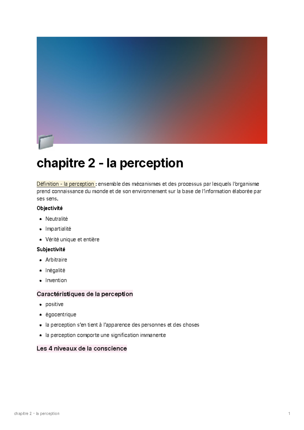 Chapitre 2 : La Perception et les Niveaux de Conscience - Comportement Orga - Studocu