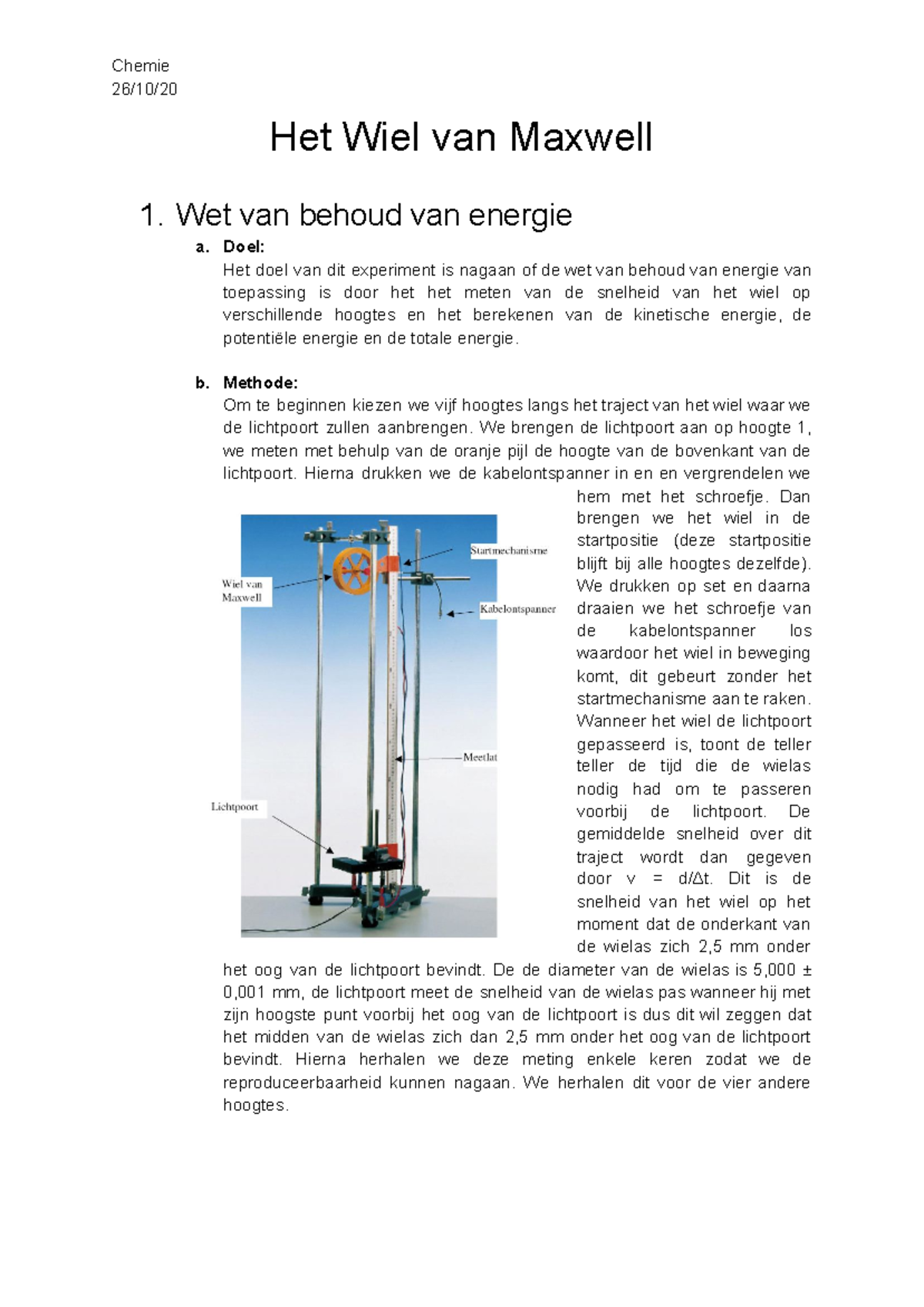 Experiment: Het Wiel van Maxwell en de Wet van Behoud van Energie - Studocu
