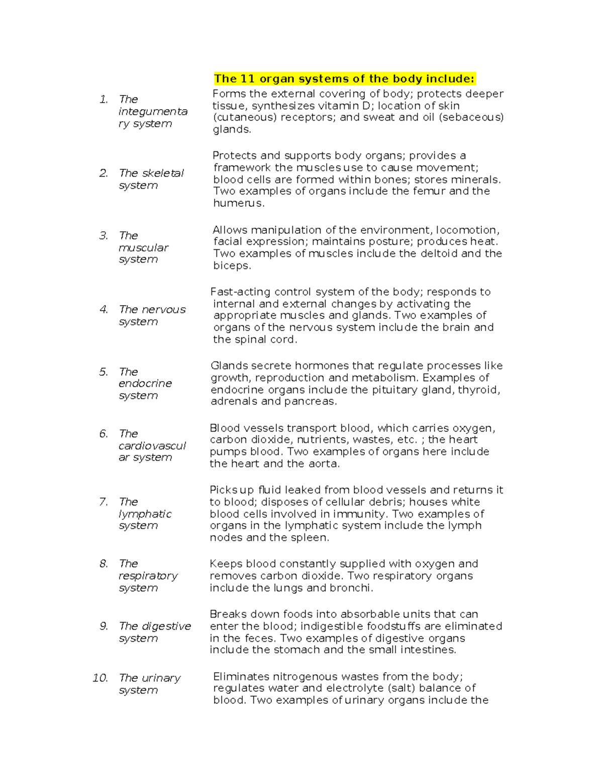 Understanding the 11 Organs Systems: Overview and Functions - Studocu