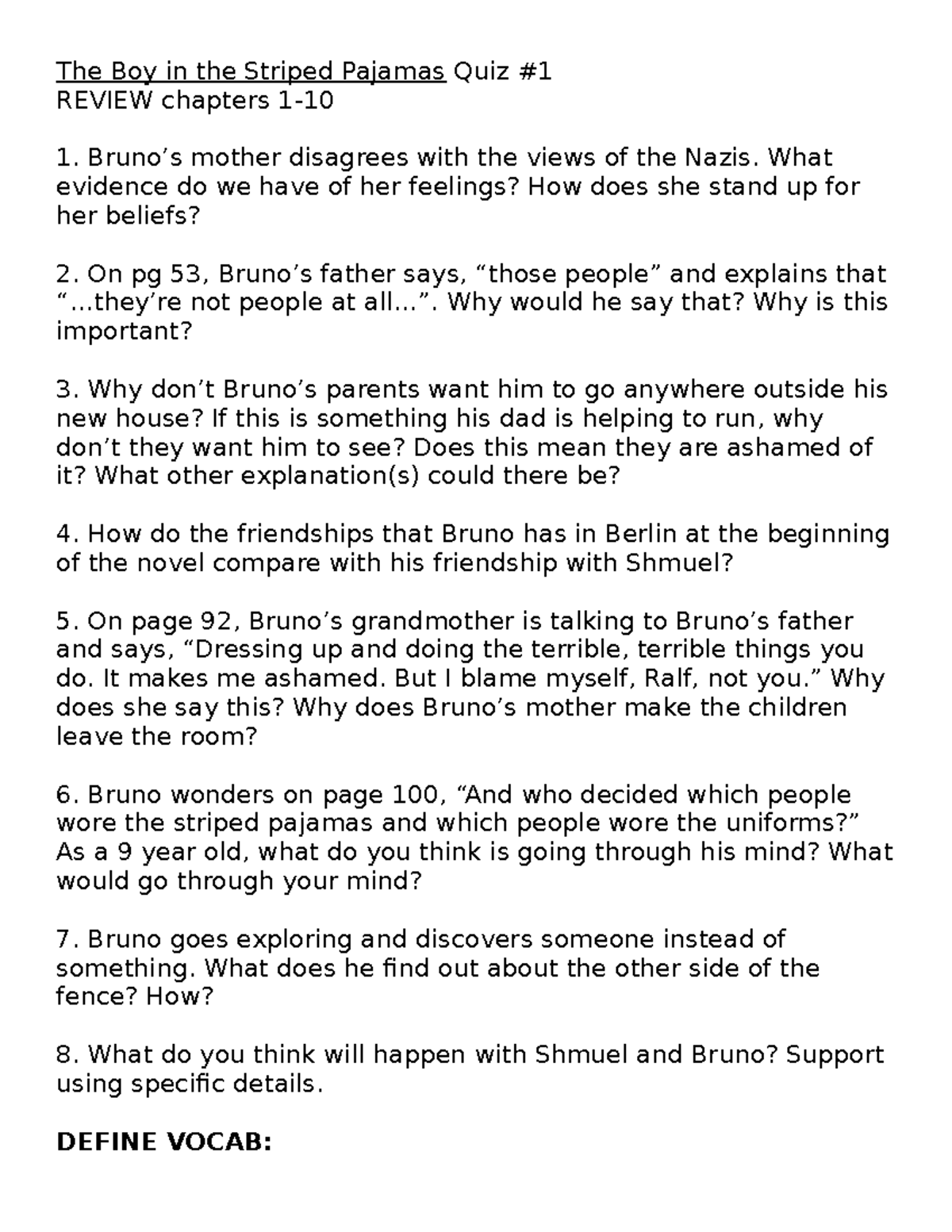 The Boy in the Striped Pajamas Quiz 1 review - The Boy in the Striped ...