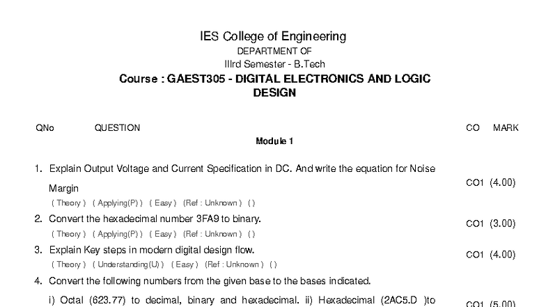 GAEST305 Digital Electronics & Logic Design Question Bank - Studocu