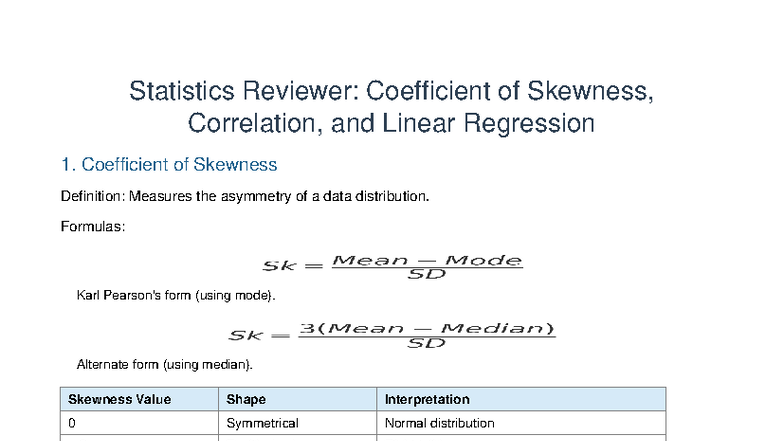 Statistics Reviewer: Skewness, Correlation, and Regression Formulas - Studocu