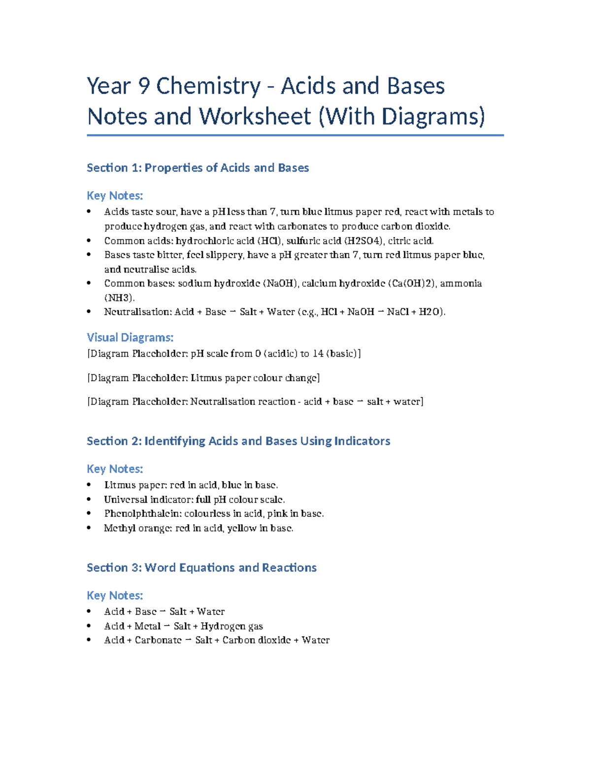 Year 9 Chemistry: Acid-Base Properties & Reactions Worksheet - Studocu