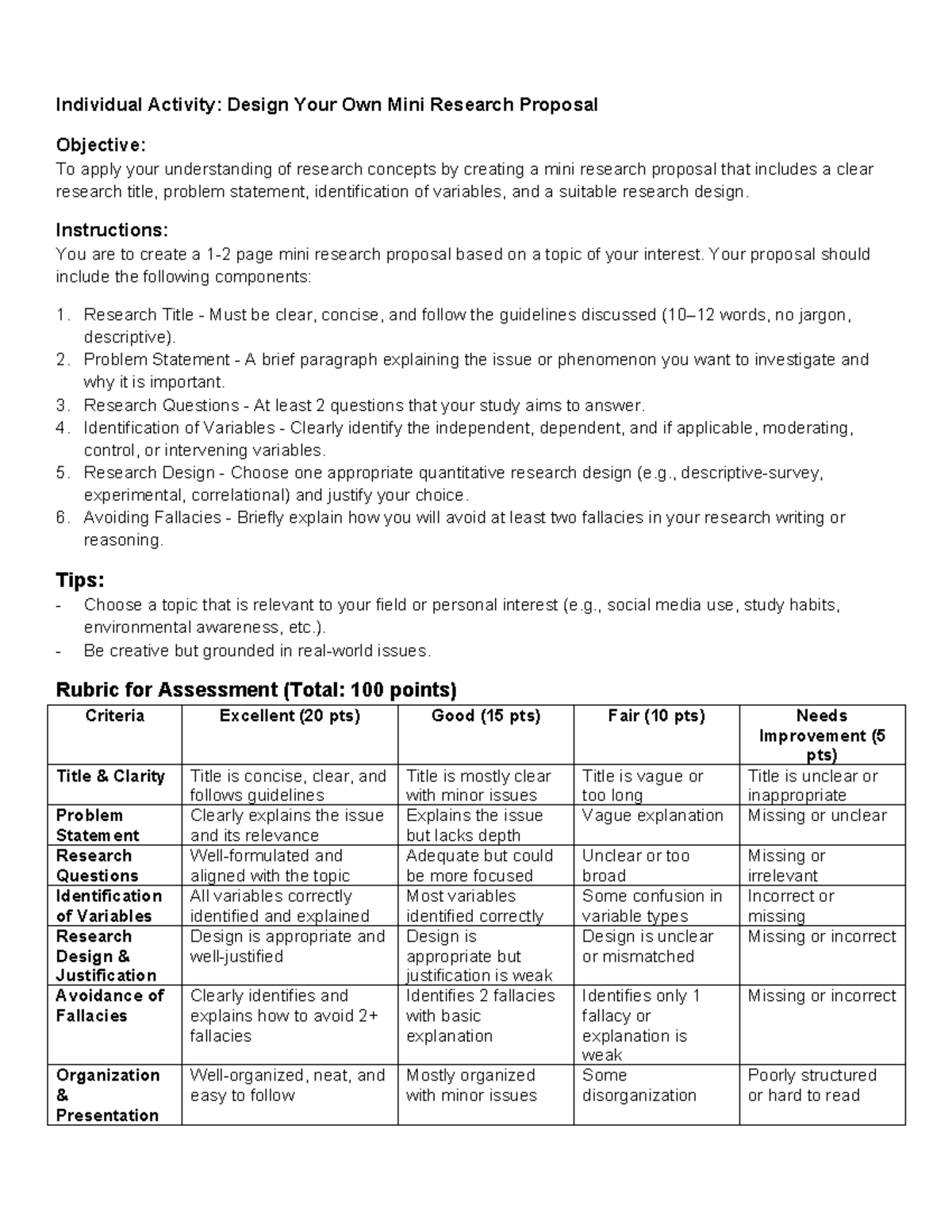 Mini Research Proposal Activity: Design Your Own Study - Studocu