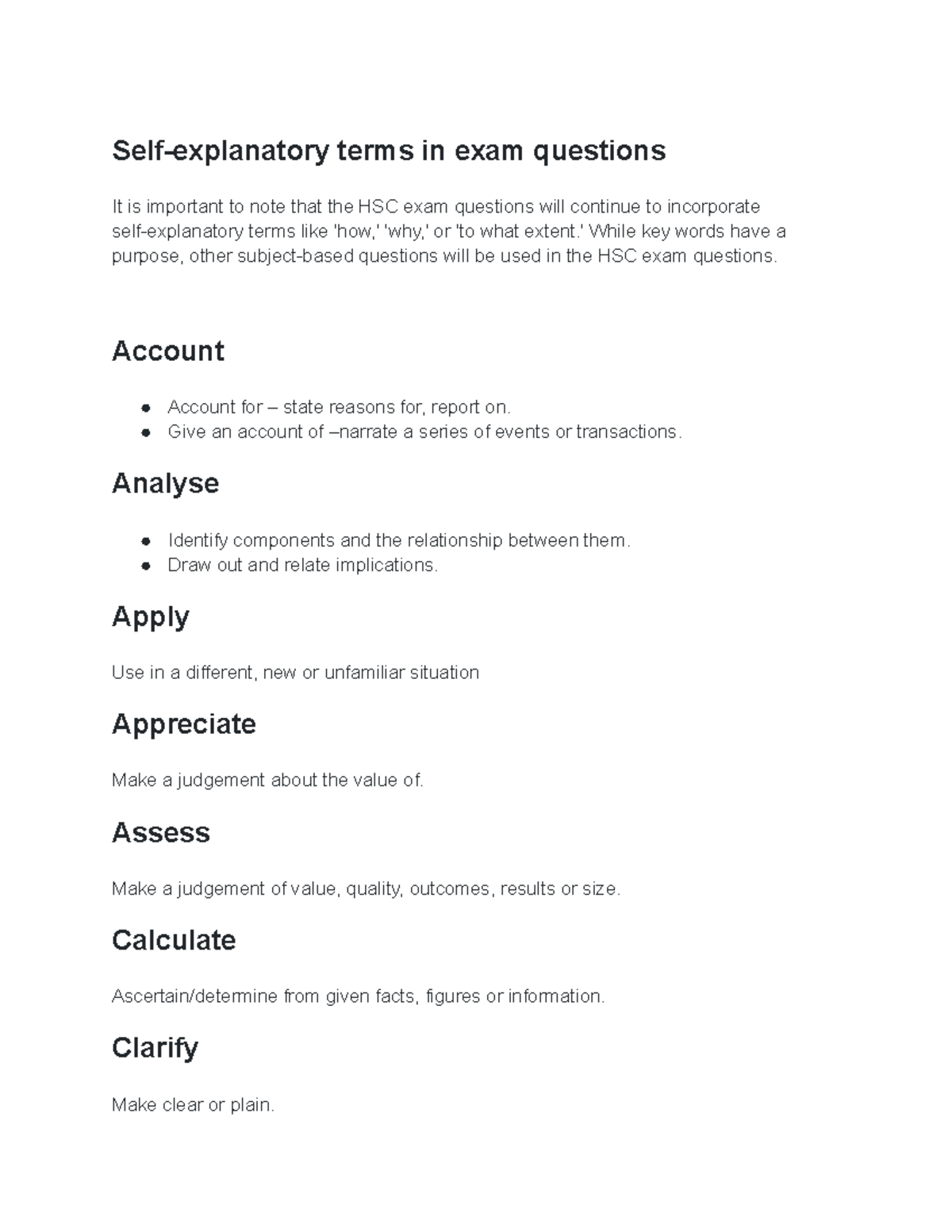HSC Essay Vocab: Key Terms for Exam Questions - Studocu