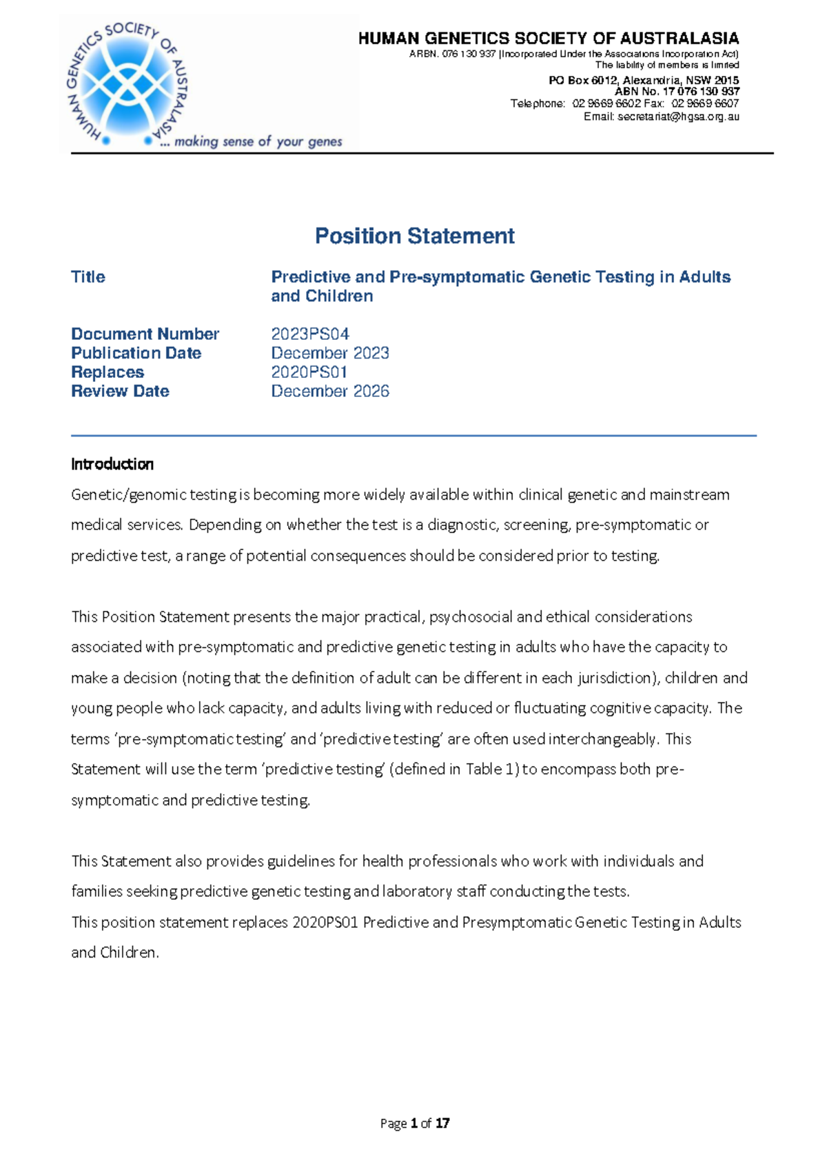 Position Statement: Predictive Genetic Testing in Adults & Children ...