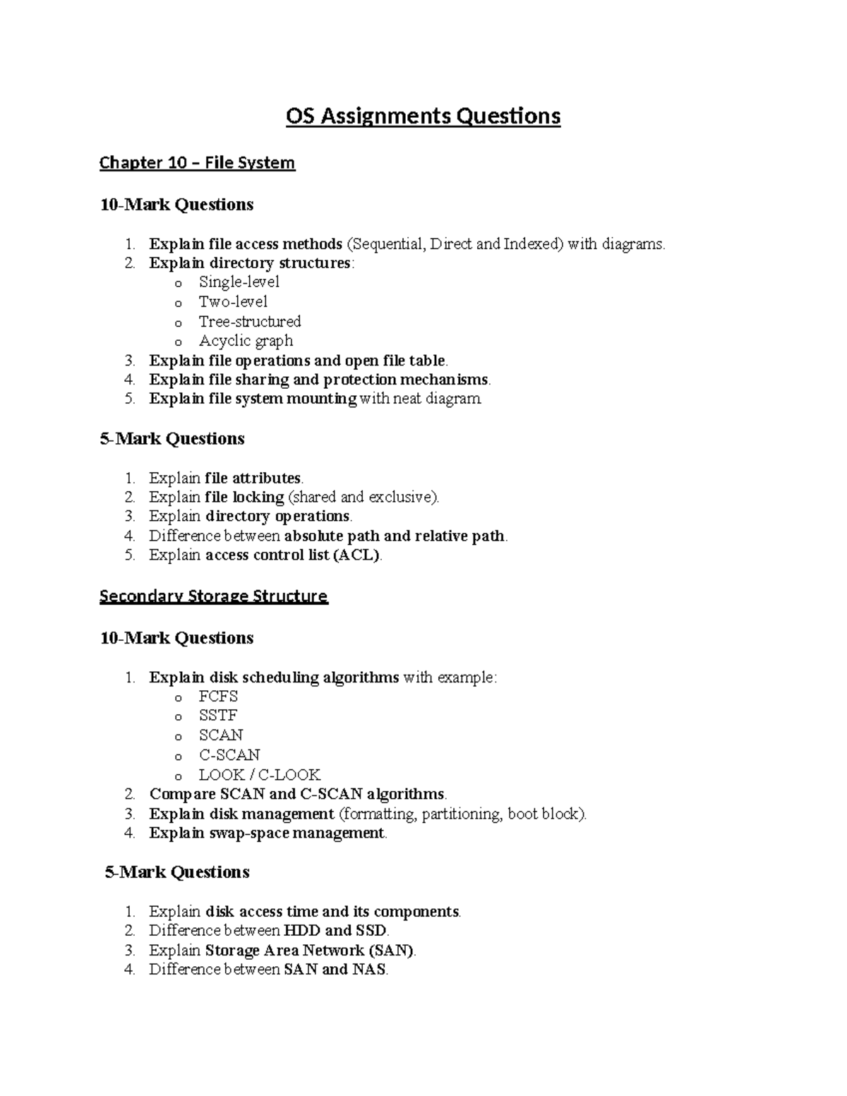 OS Assignments: Chapter 10 File System & Secondary Storage Qs - Studocu