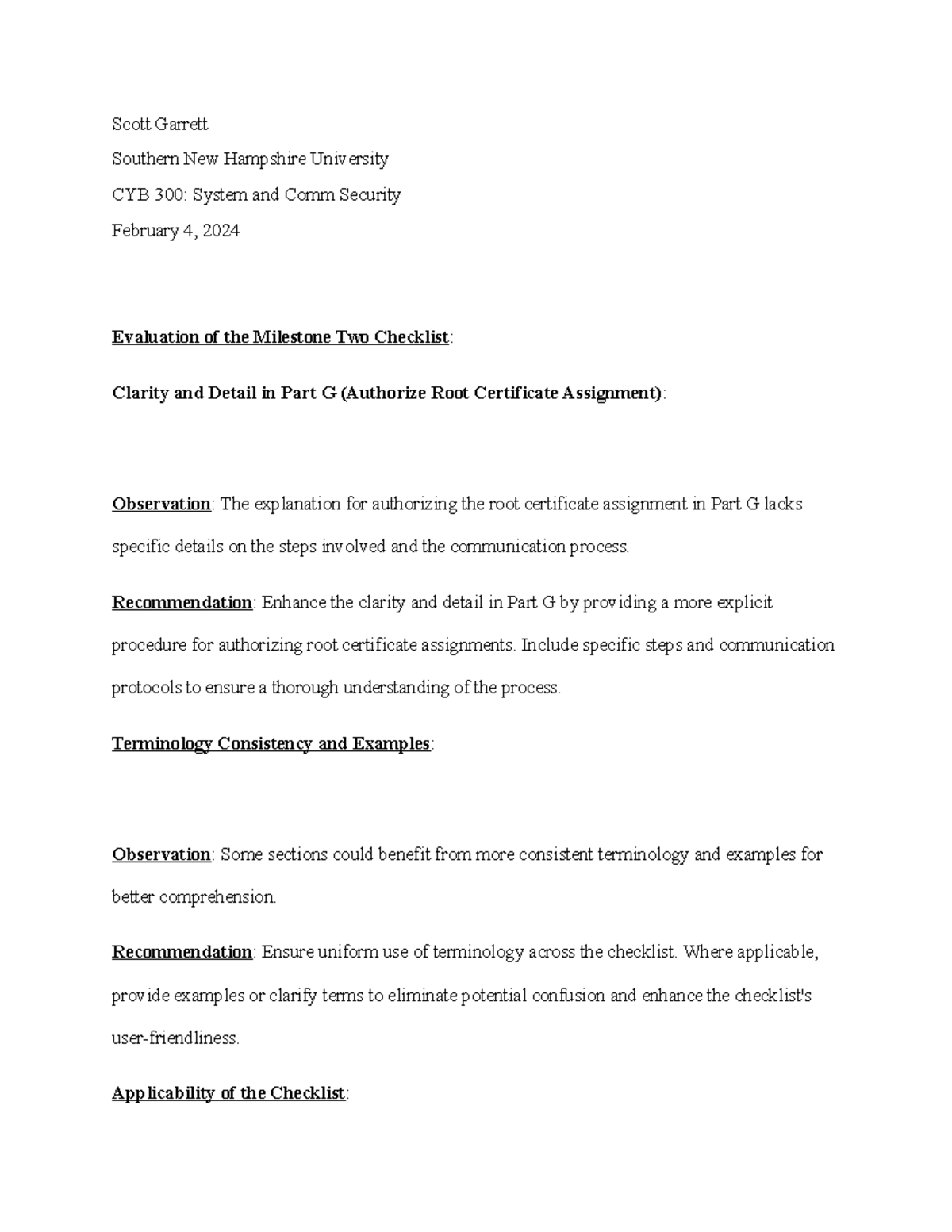 CYB 300 Milestone Two Checklist Evaluation and Recommendations - Studocu