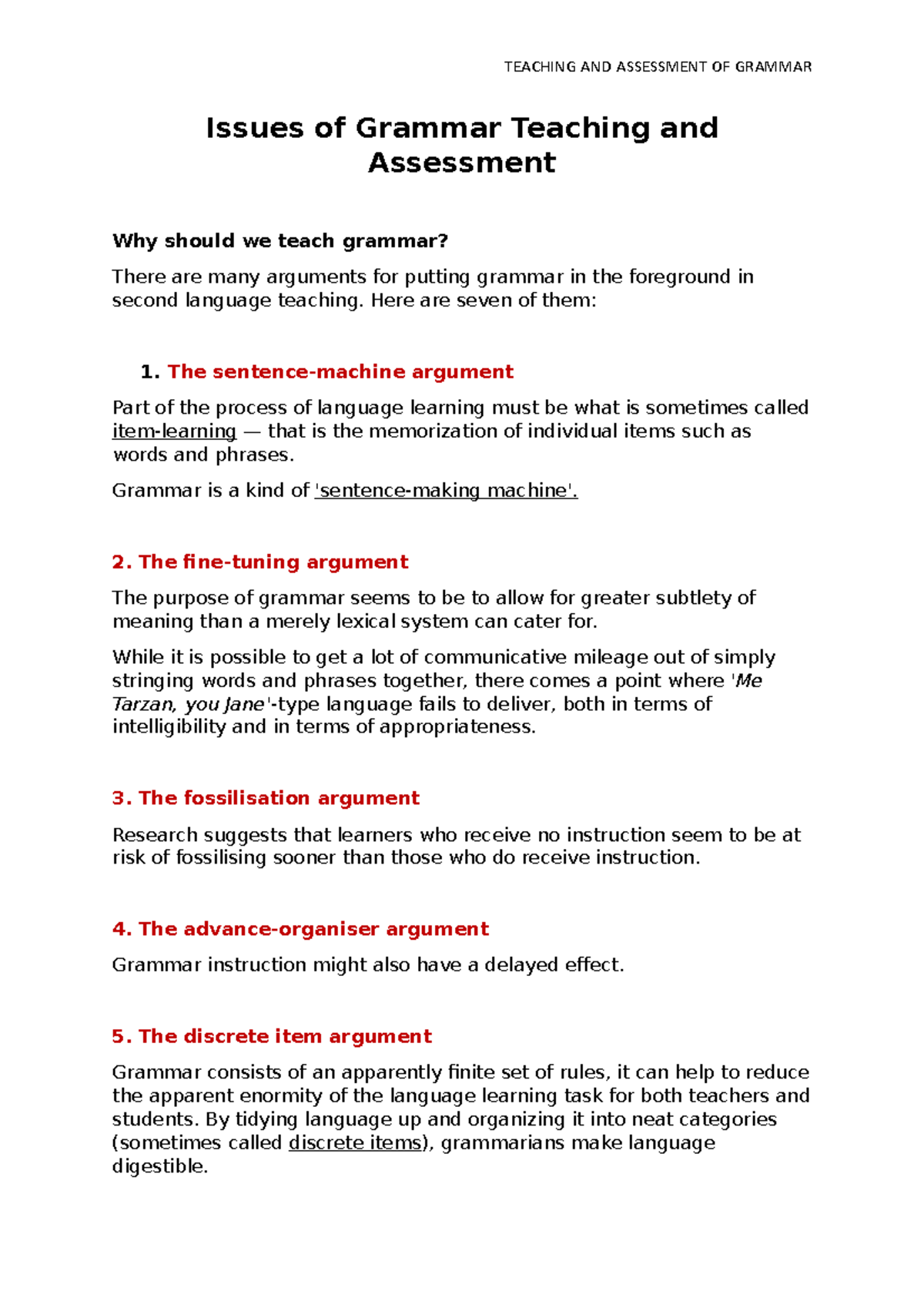 Teaching and Assessment of Grammar: Key Issues and Methods - Studocu