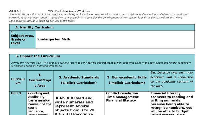 GGN1 Task 1: Curriculum Analysis for Kindergarten Math Skills - Studocu