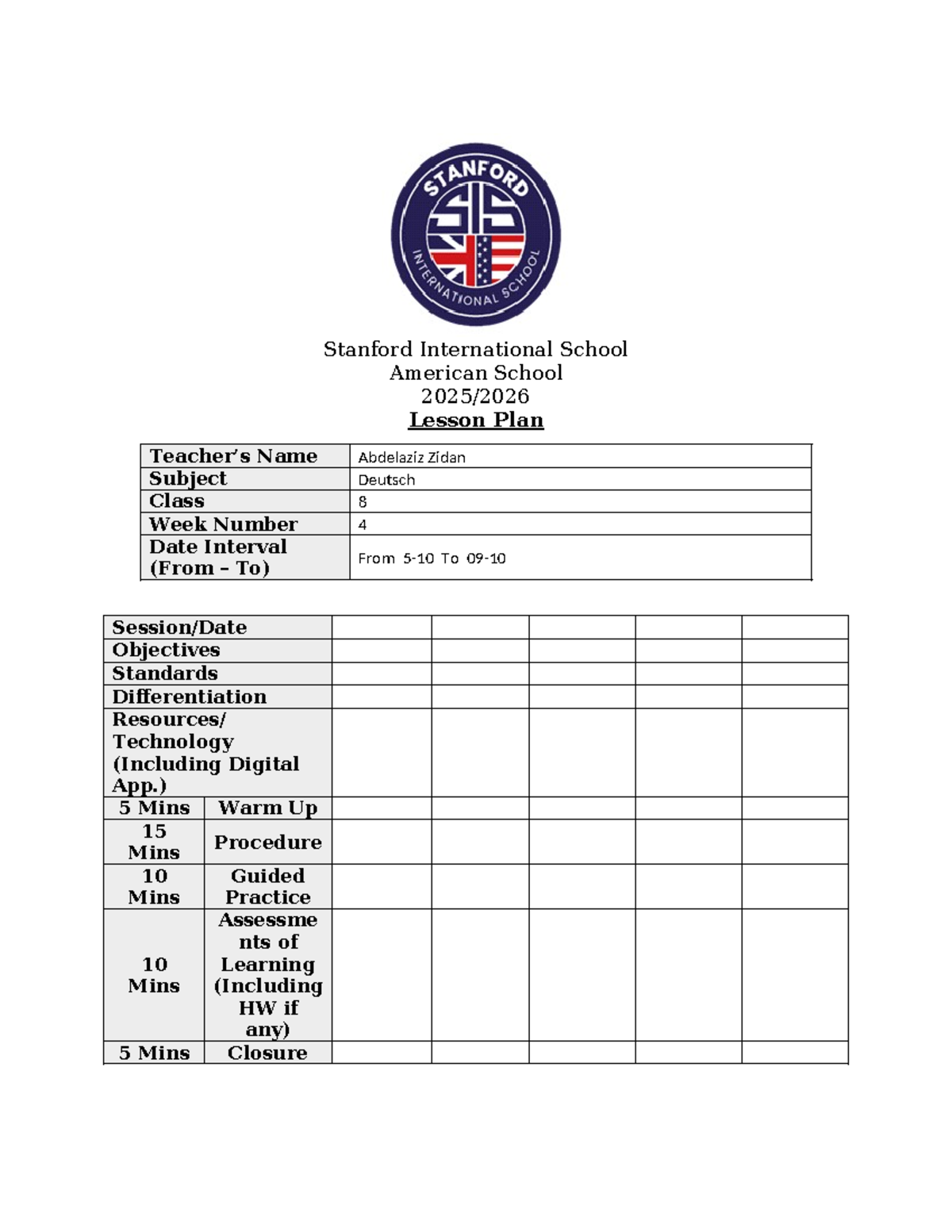Lesson Plan 25-26 grade 10 week 8 - Stanford International School American School 2025/ Lesson ...