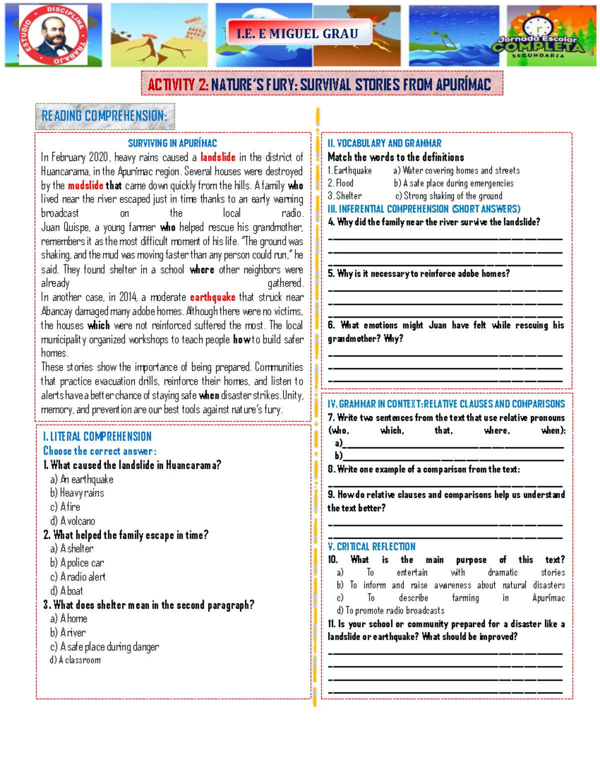 I.E. E MIGUEL GRAU READING COMPREHENSION: SURVIVING DISASTERS IN ...