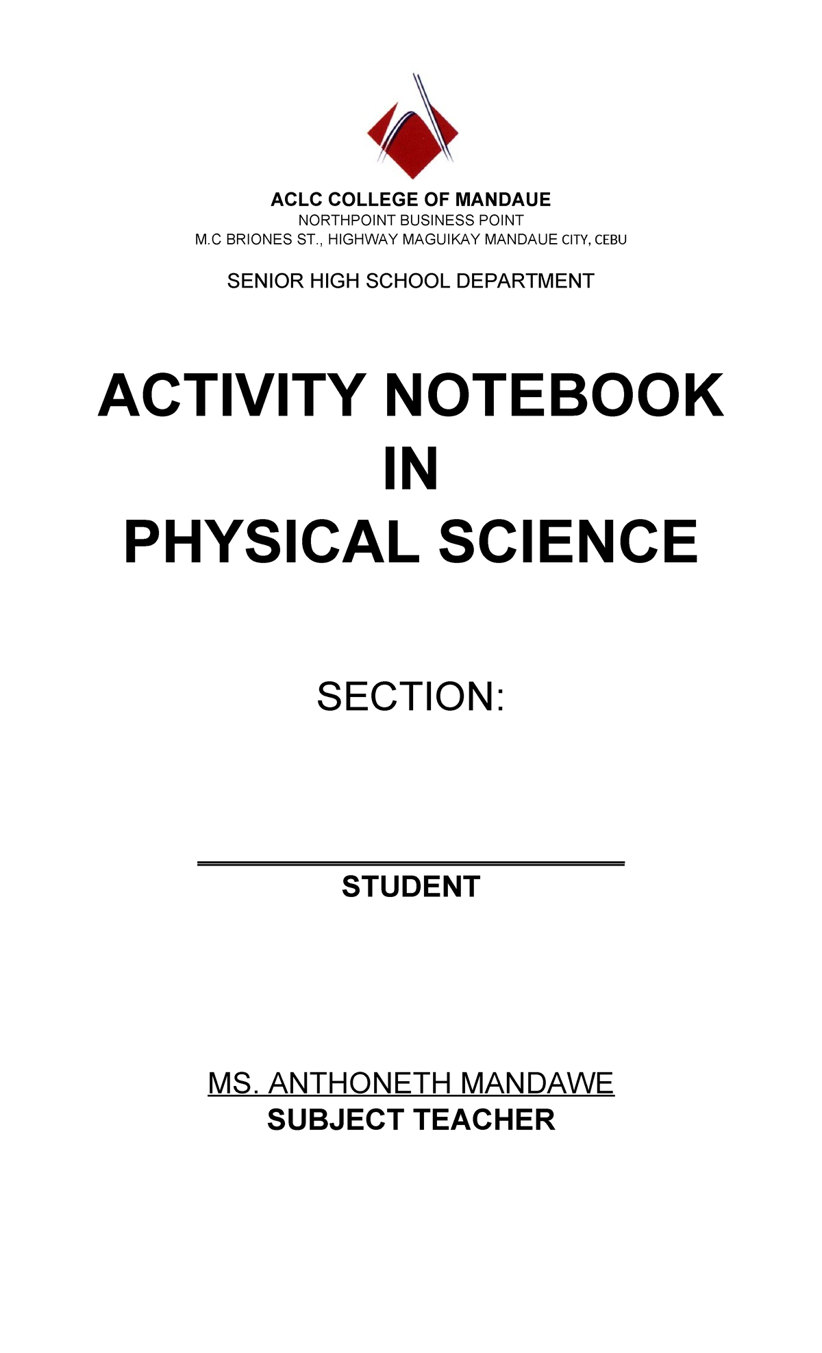Frontpage - physical science - ACLC COLLEGE OF MANDAUE NORTHPOINT ...