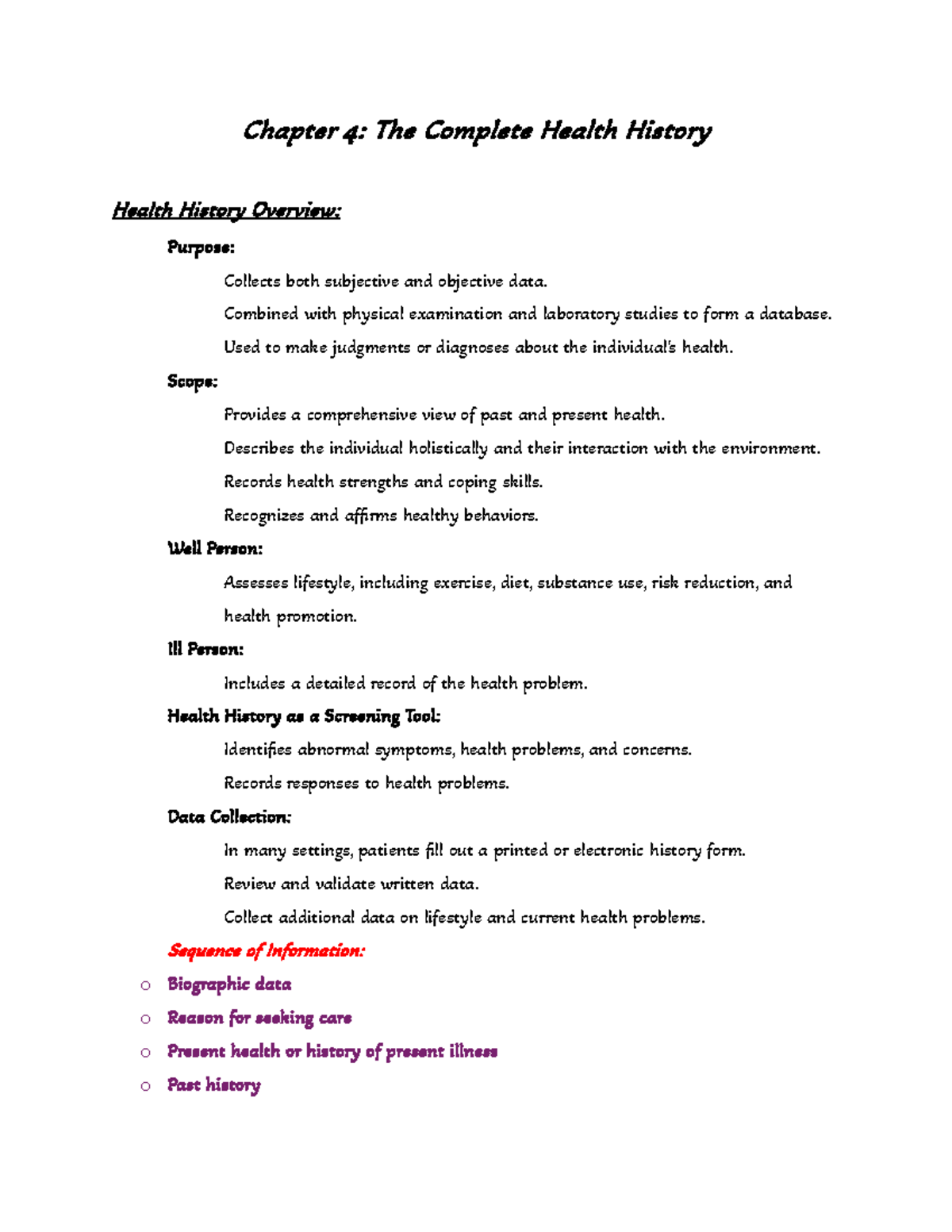 Chapter 4 - Comprehensive Health History Overview (NUR 101) - Studocu