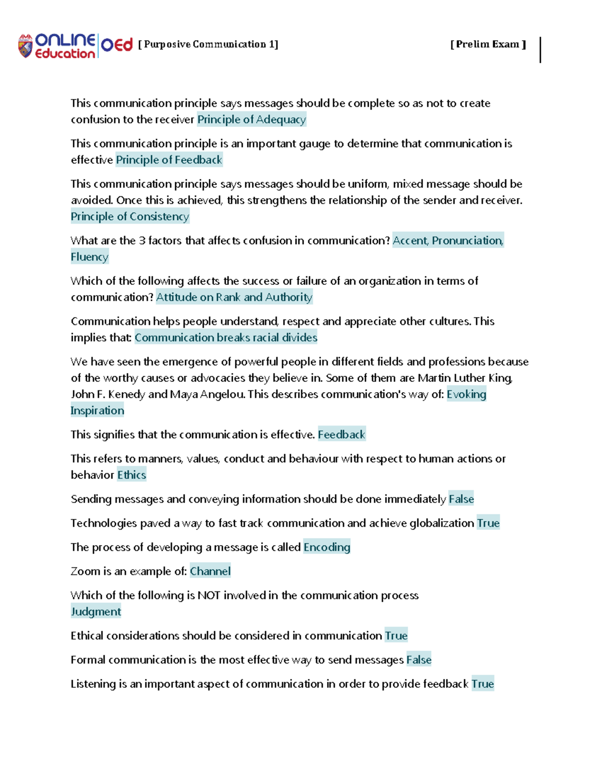 Purposive Communication 1 [Prelim Exam] - AMA - Studocu