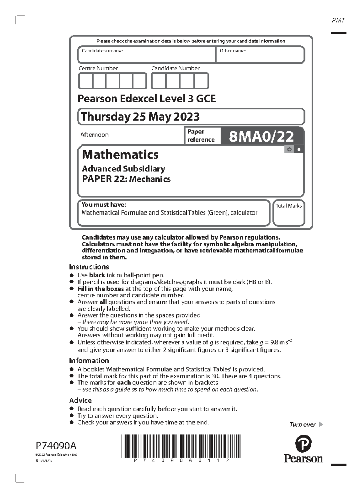 June 2023 PMT Mechanics AS Level Exam Paper 22 Details - Studocu