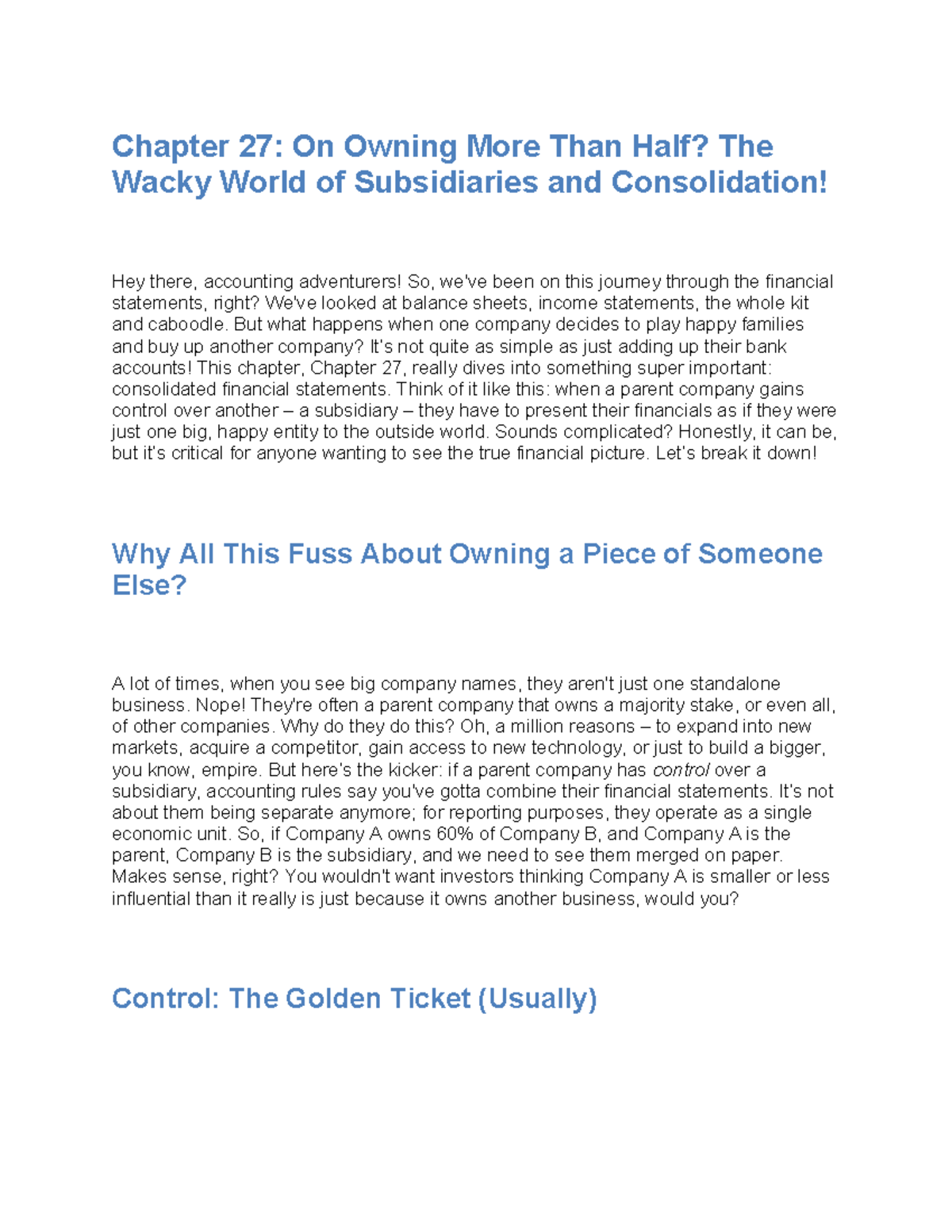 Chapter 27: Understanding Subsidiaries & Consolidation in Accounting ...