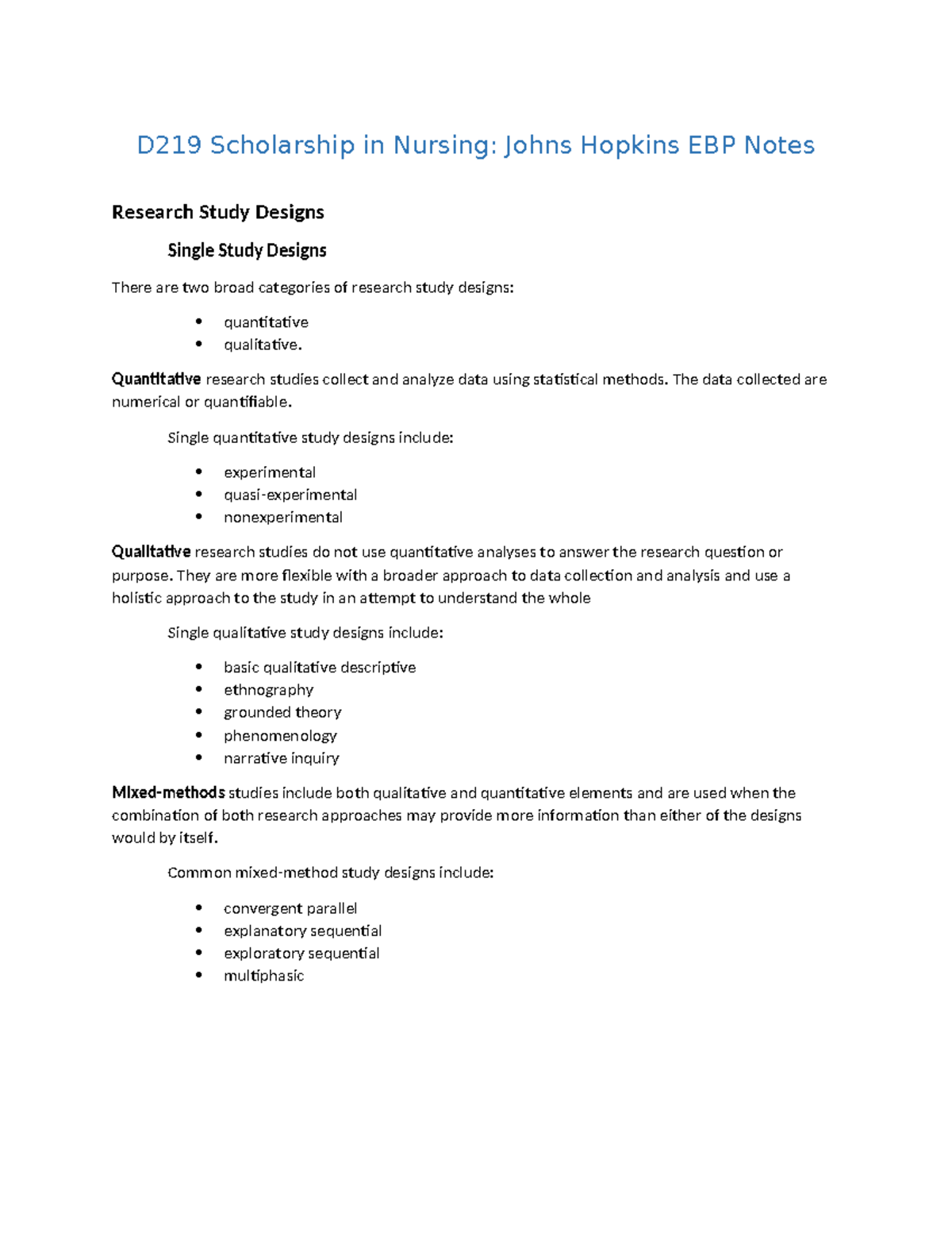 D219 Lecture Notes: EBP Research Study Designs in Nursing - Studocu