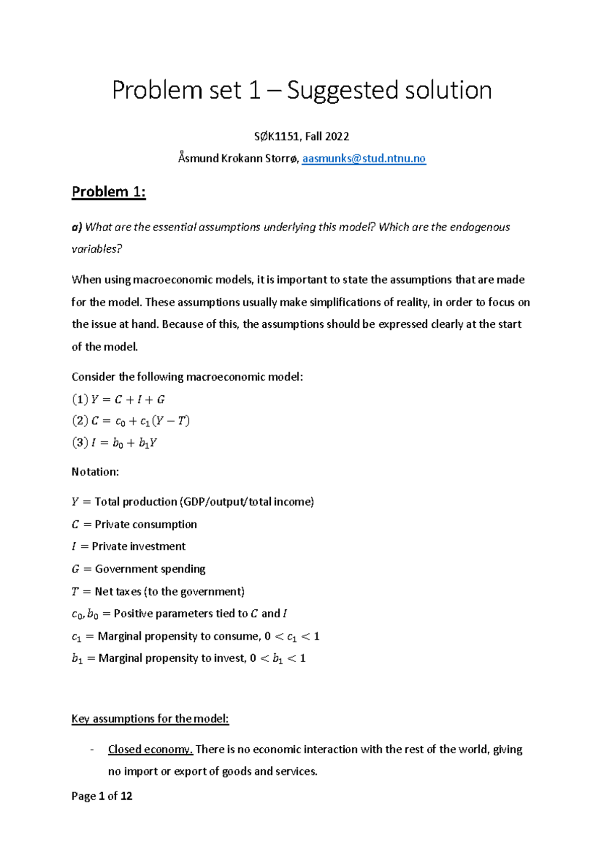 Problem set 1 - Suggested solution - Problem set 1 – Suggested solution SØK1151, Fall 2022 ...