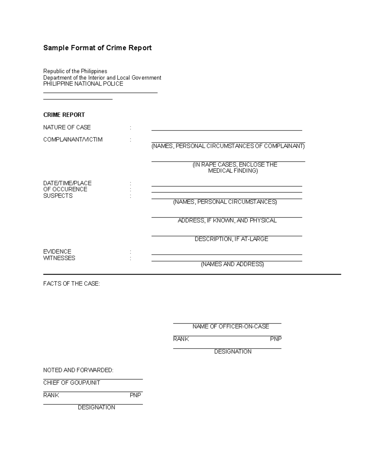 Sample Format of Crime Report - Sample Format of Crime Report Republic ...