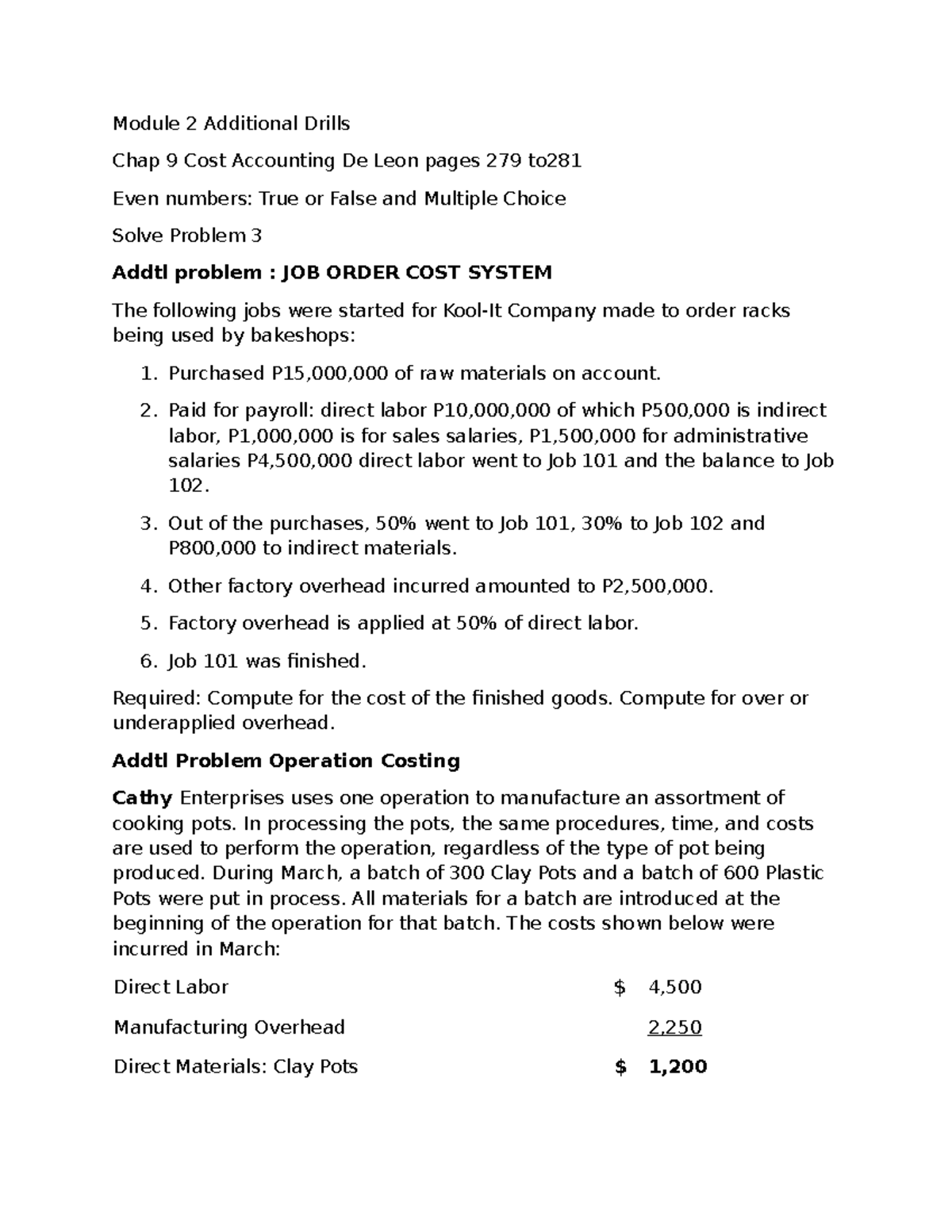 Module 2 Additional Drills: Cost Accounting Problems & Solutions - Studocu