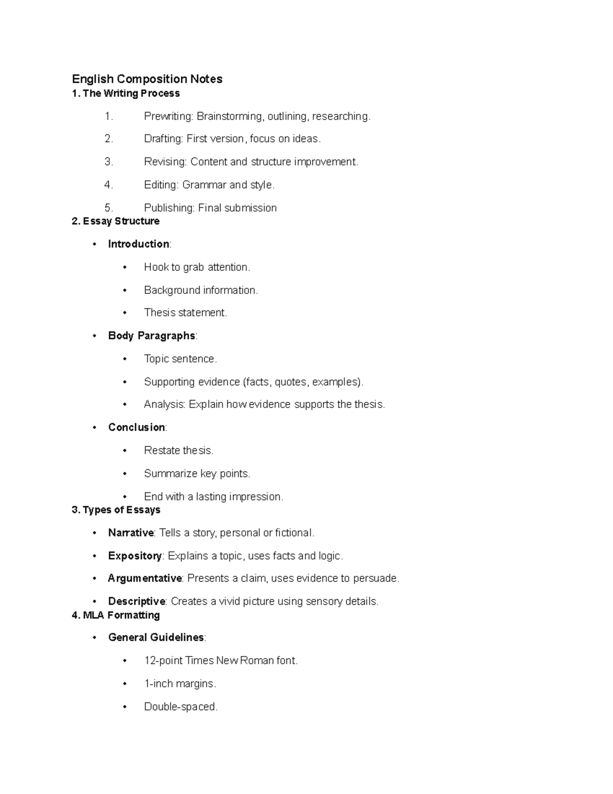 ENG 101 - Comprehensive Notes on the Writing Process and Essay ...