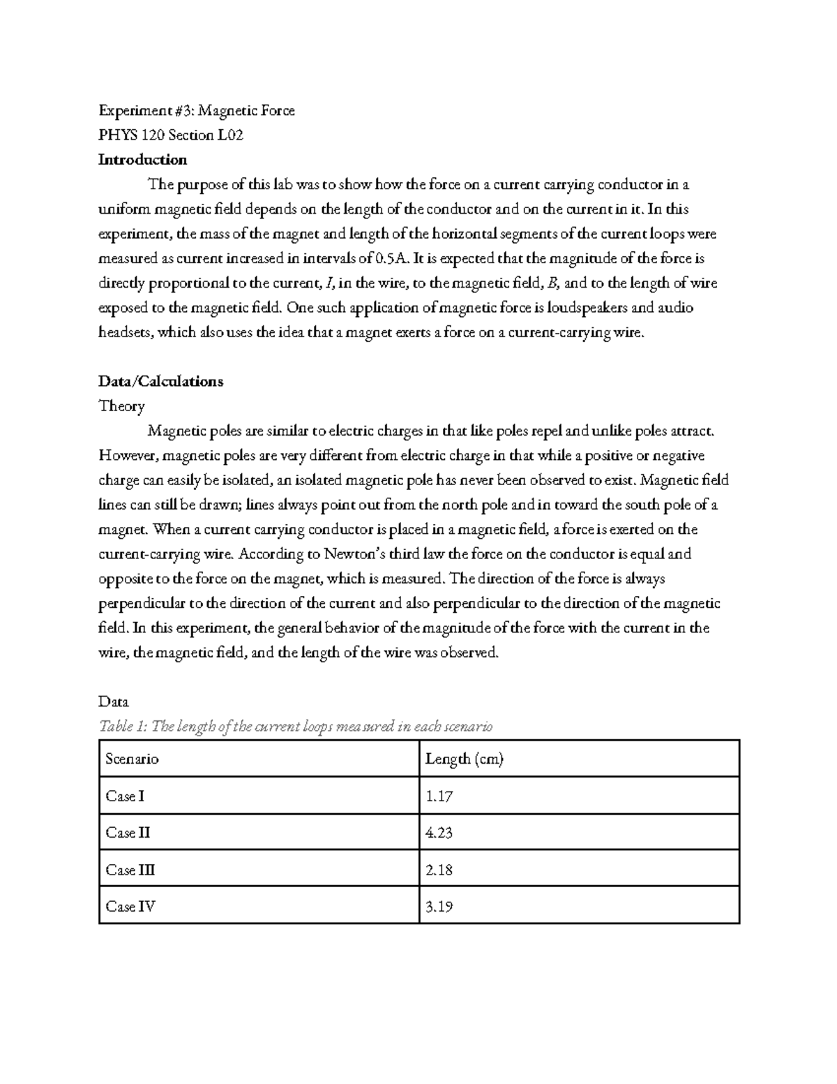 Experiment #3 Magnetic Force - Experiment #3: Magnetic Force PHYS 120 ...