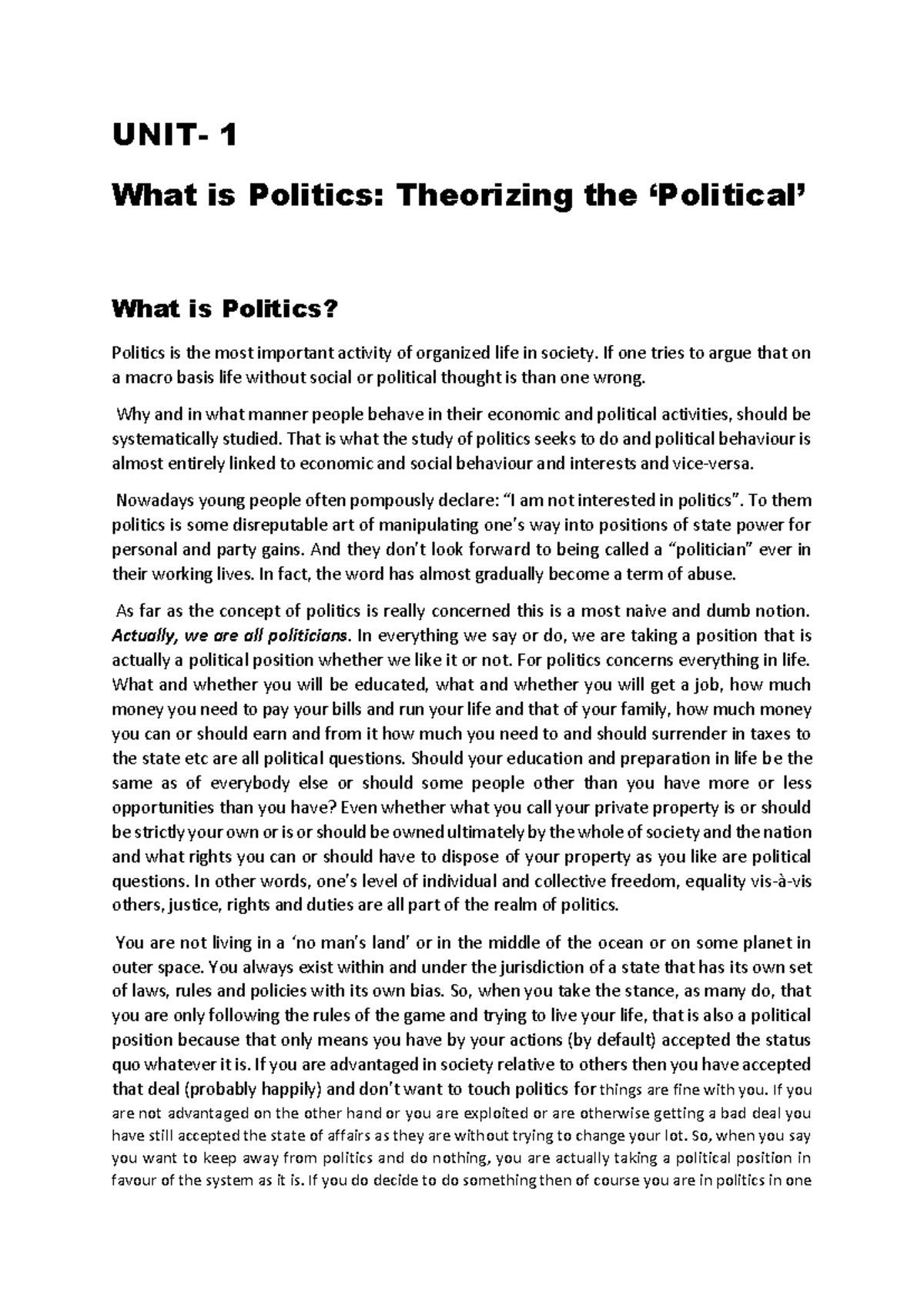 Unit 1, UPT - understanding political theory reading materials - UNIT ...
