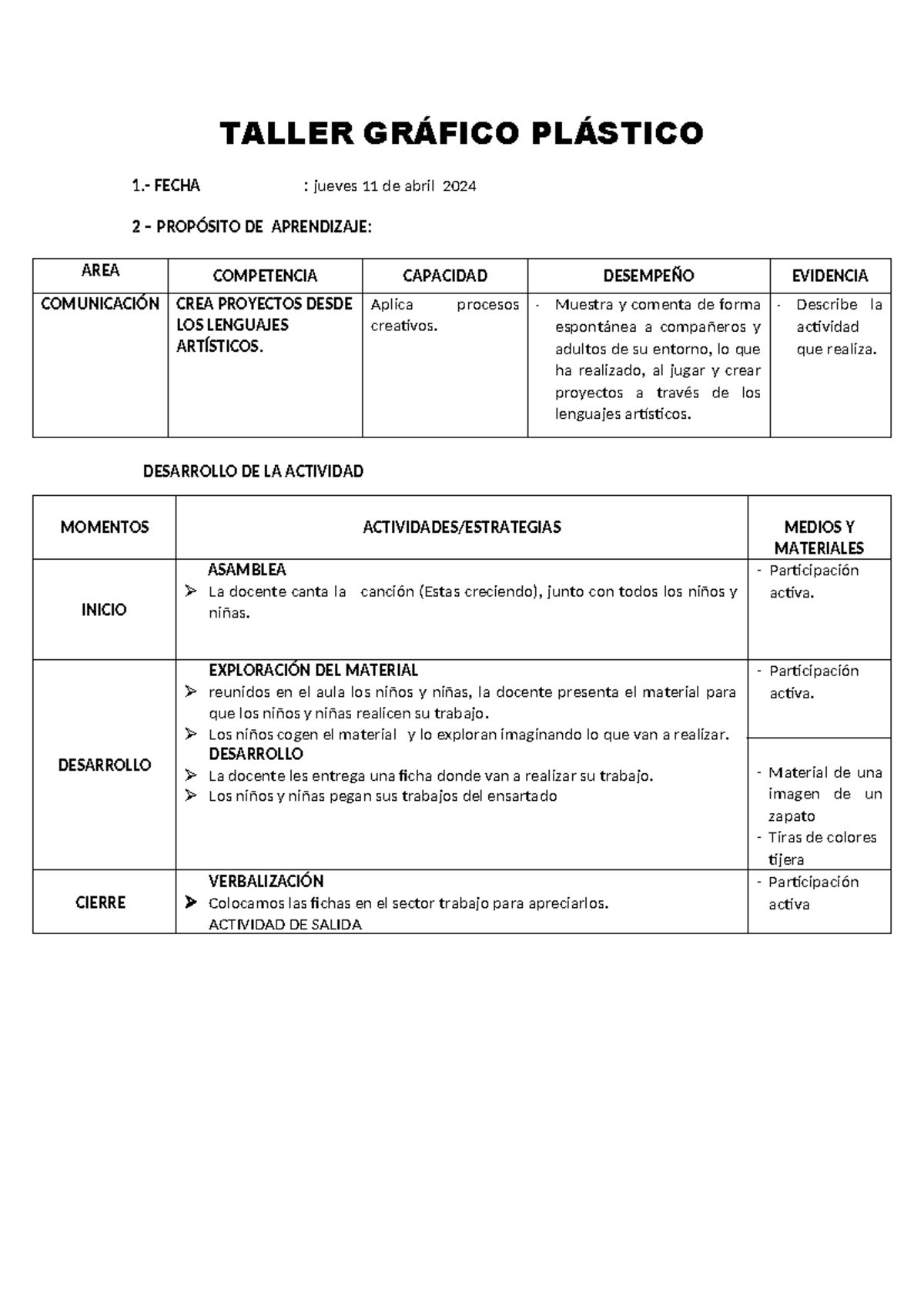 Taller DE Psicomotriz 15 sesiones - TALLER GRÁFICO PLÁSTICO 1.- FECHA ...