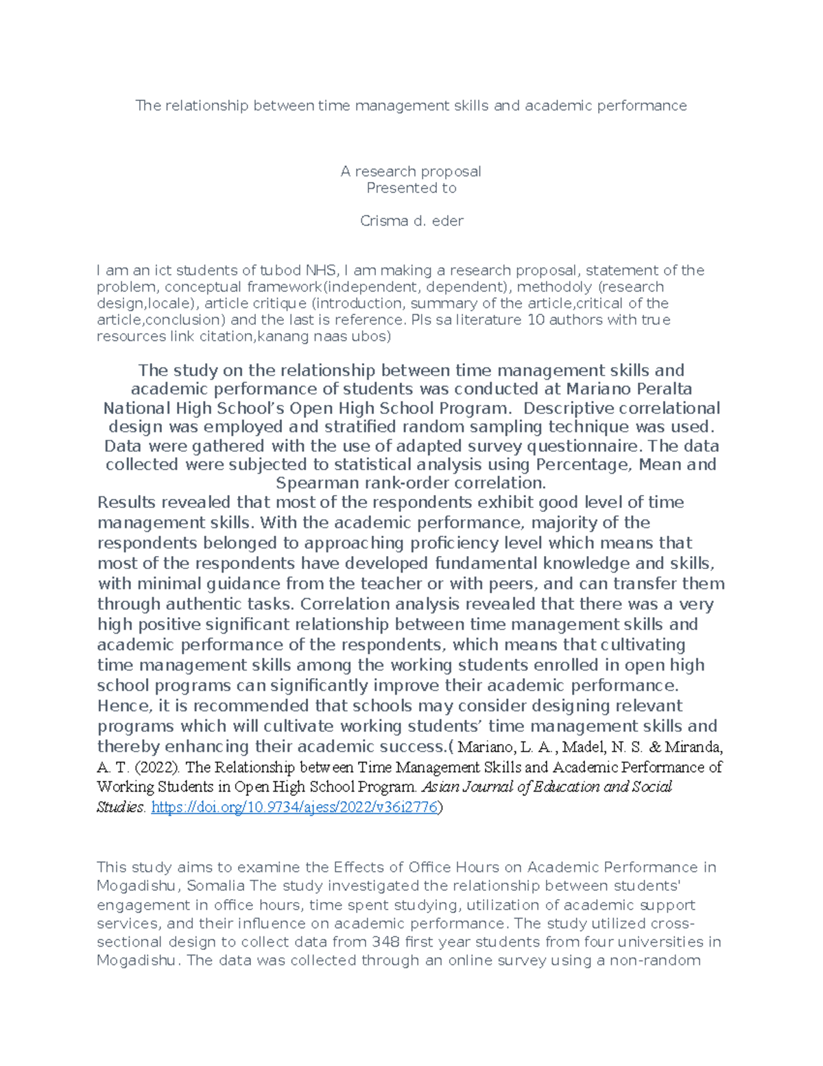 Research Proposal: Time Management Skills & Academic Performance (ICT ...