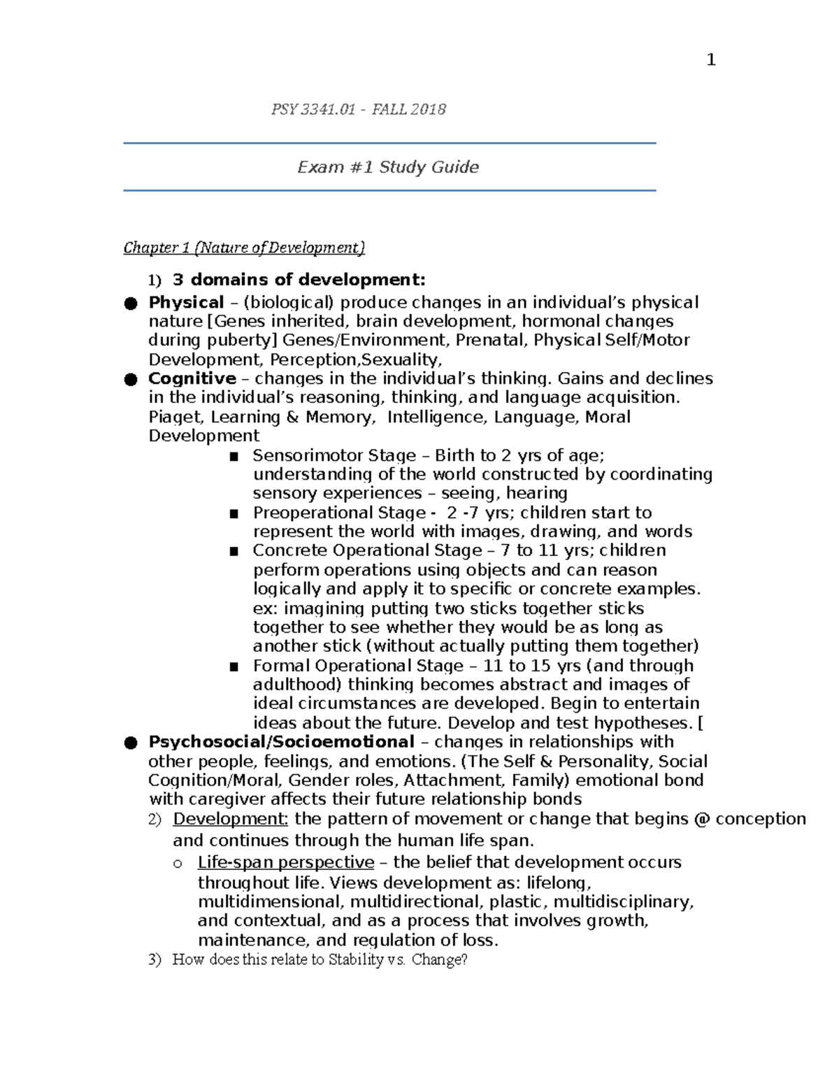 Human Development Exam 1 Study Guide - 1 PSY 3341 FALL 2018 Exam Study ...