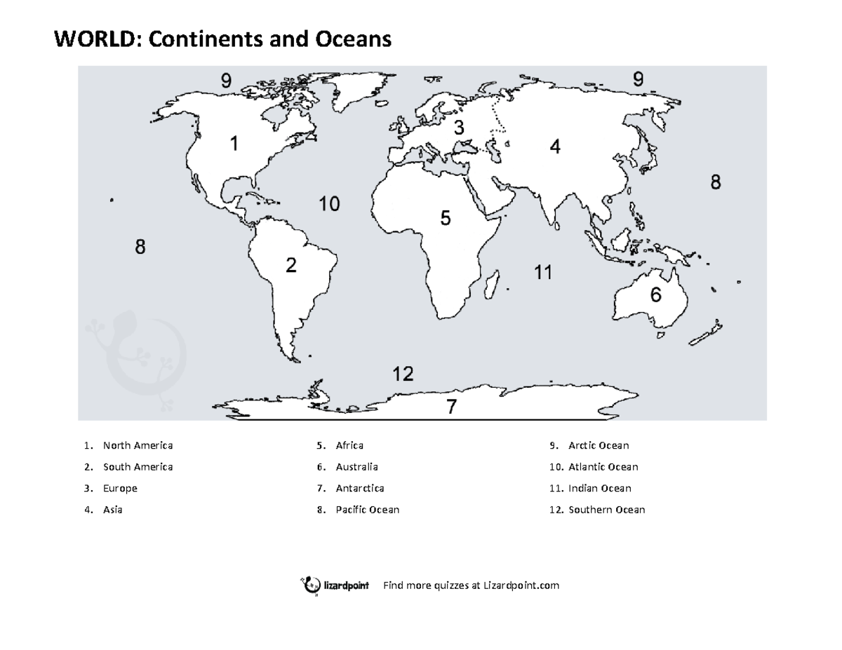 World oceans continents numbered labeled - Assessment in Learning 1 ...