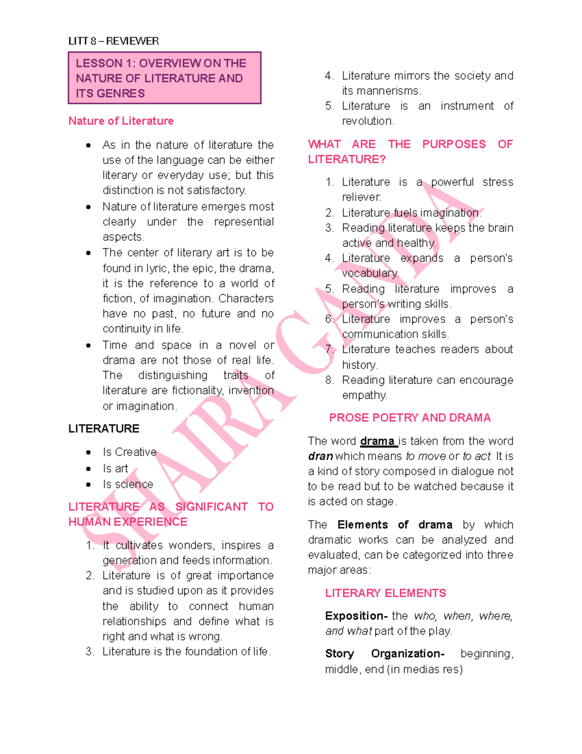 LITT-8 Lesson 1: Overview of Literature and Its Genres - Studocu