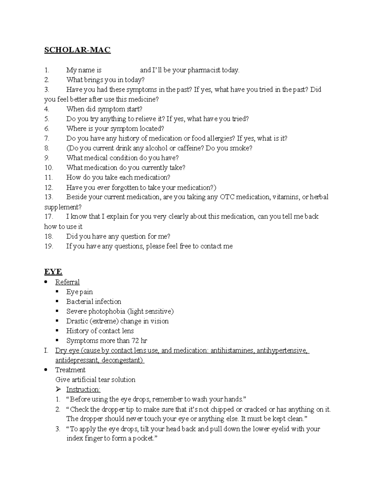 OSCE 2 - Pharmacy Consultation and Treatment Guidelines - Studocu