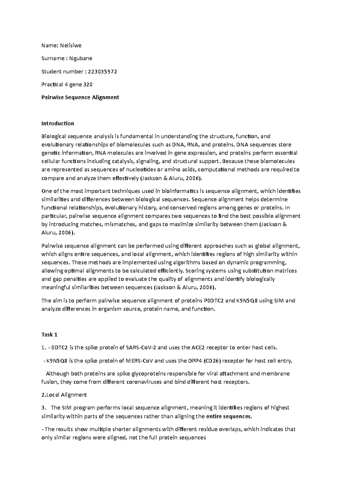 Practical 4: Pairwise Sequence Alignment in Gene 320 - Studocu
