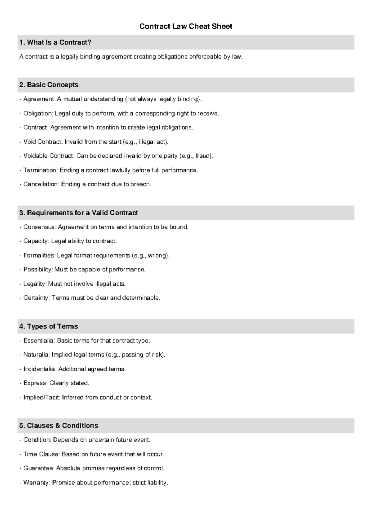 Contract Law Basics Cheat Sheet: Key Concepts & Terms - Studocu