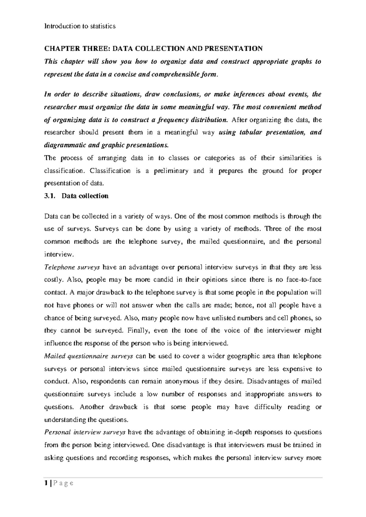 Introduction to Statistics: Chapter 3 - Data Collection & Presentation ...