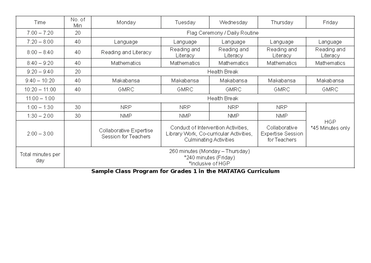 Sample Class Program for Kindergarten SY 2024 2025 - Sample Class ...