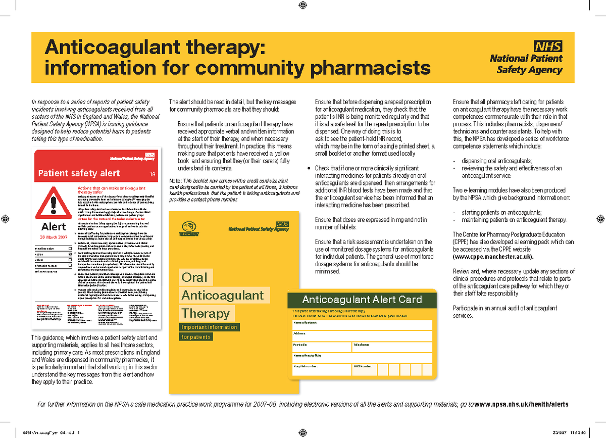 Anticoagulant Therapy Cheatsheet for Community Pharmacists: Key ...