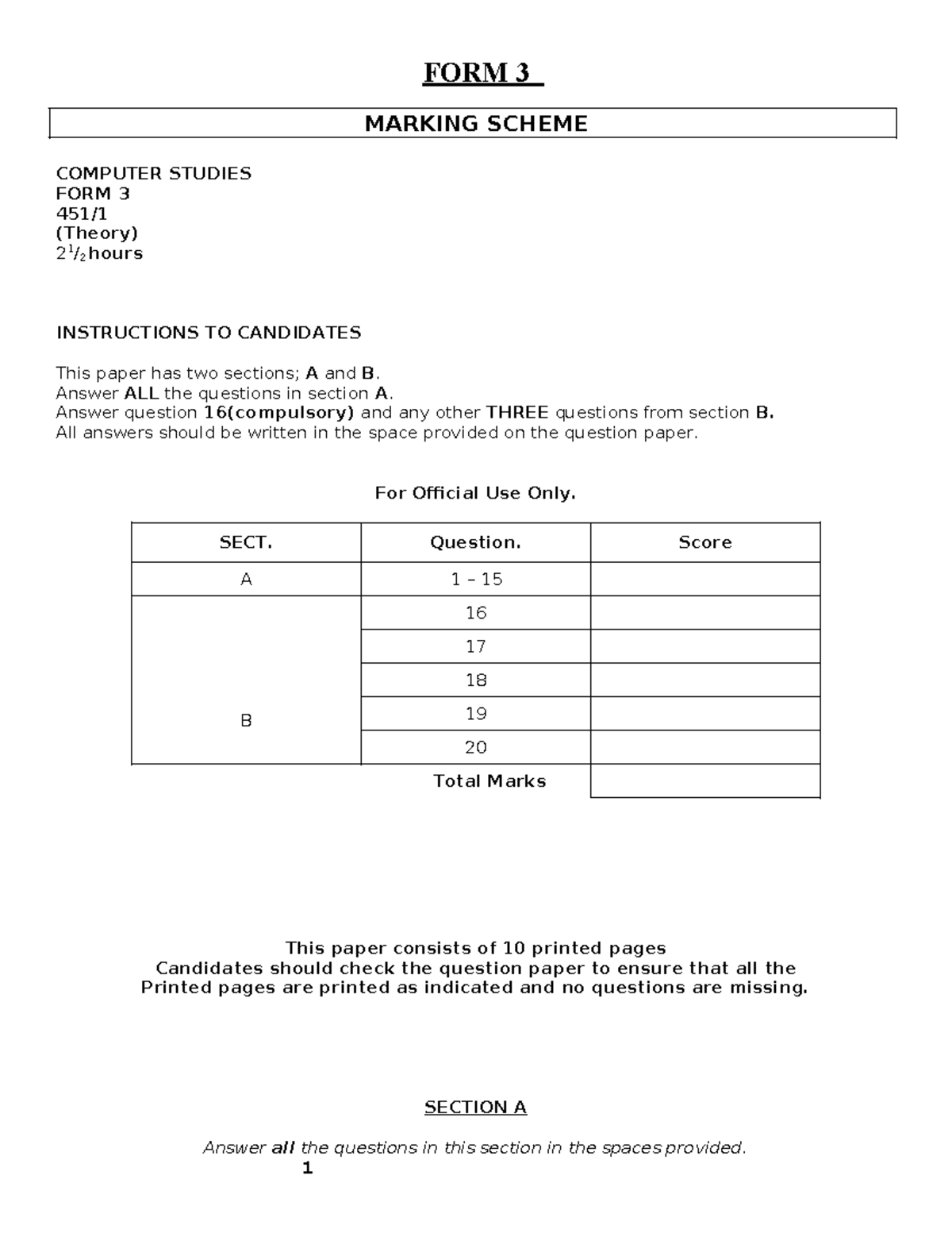 451 F3 Computer Studies Marking Scheme - Theory Exam - Studocu